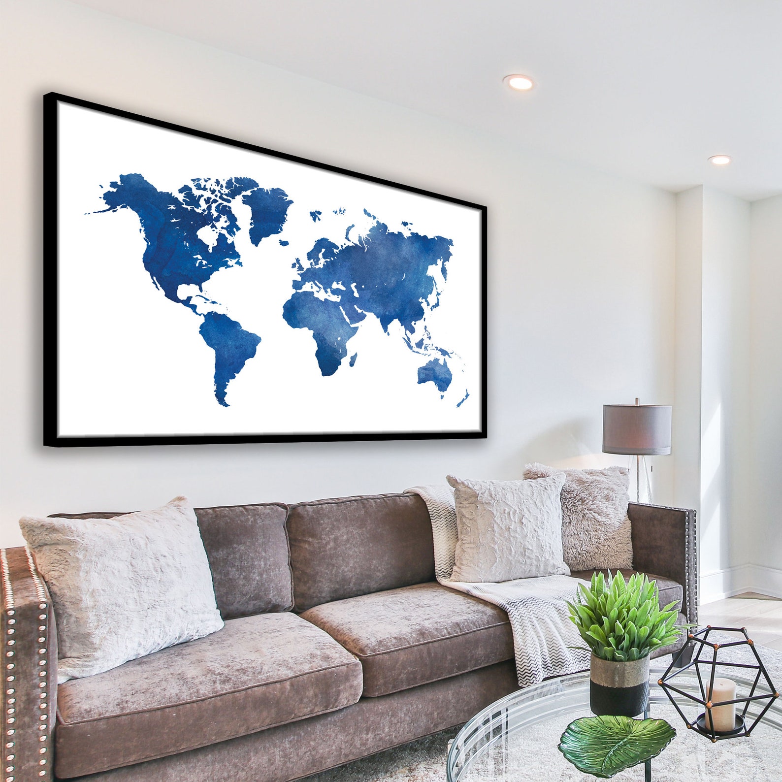 World Map Wall Art Printable Digital Download - Blue World Map Poster ...