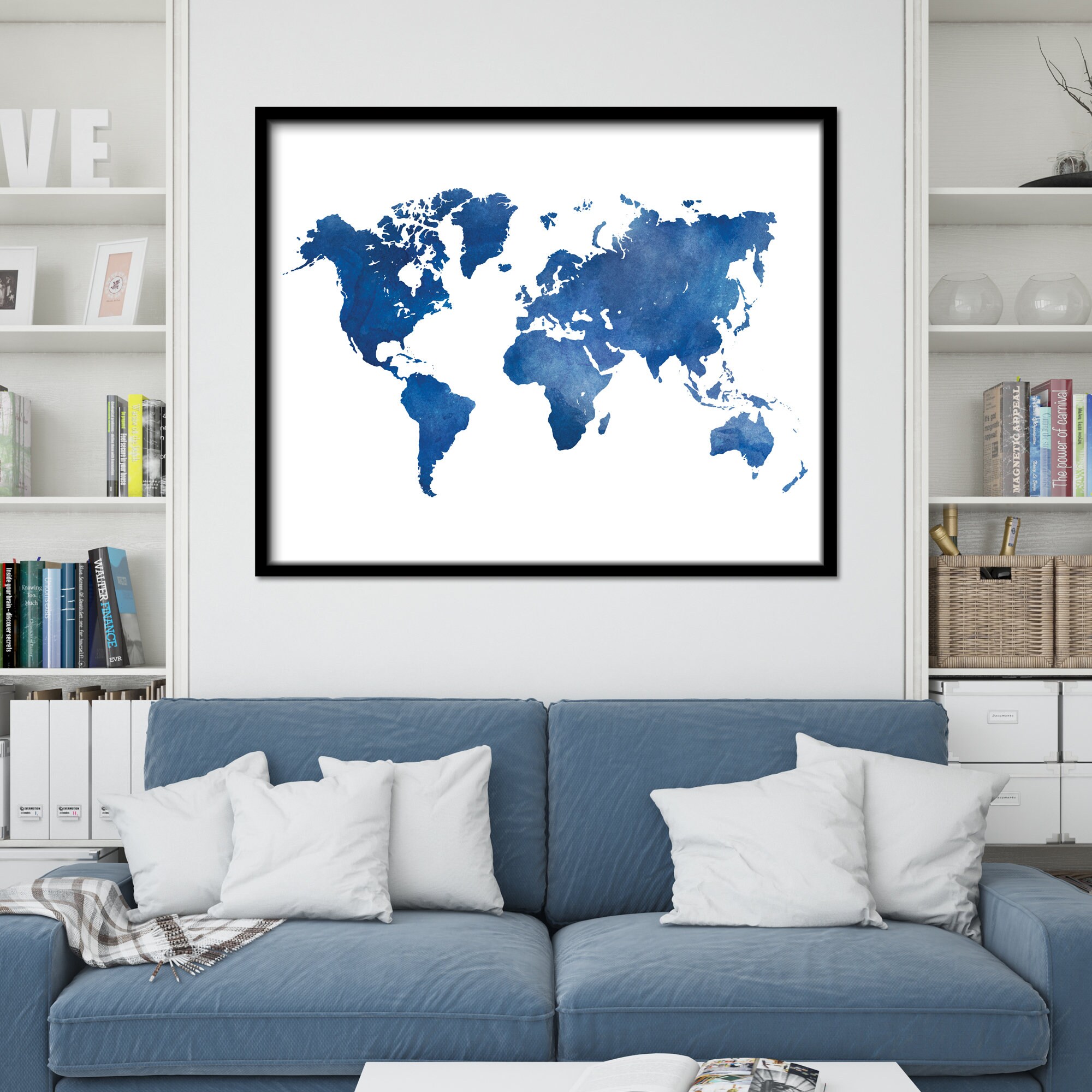 World Map Wall Art Printable Digital Download - Blue World Map Poster ...