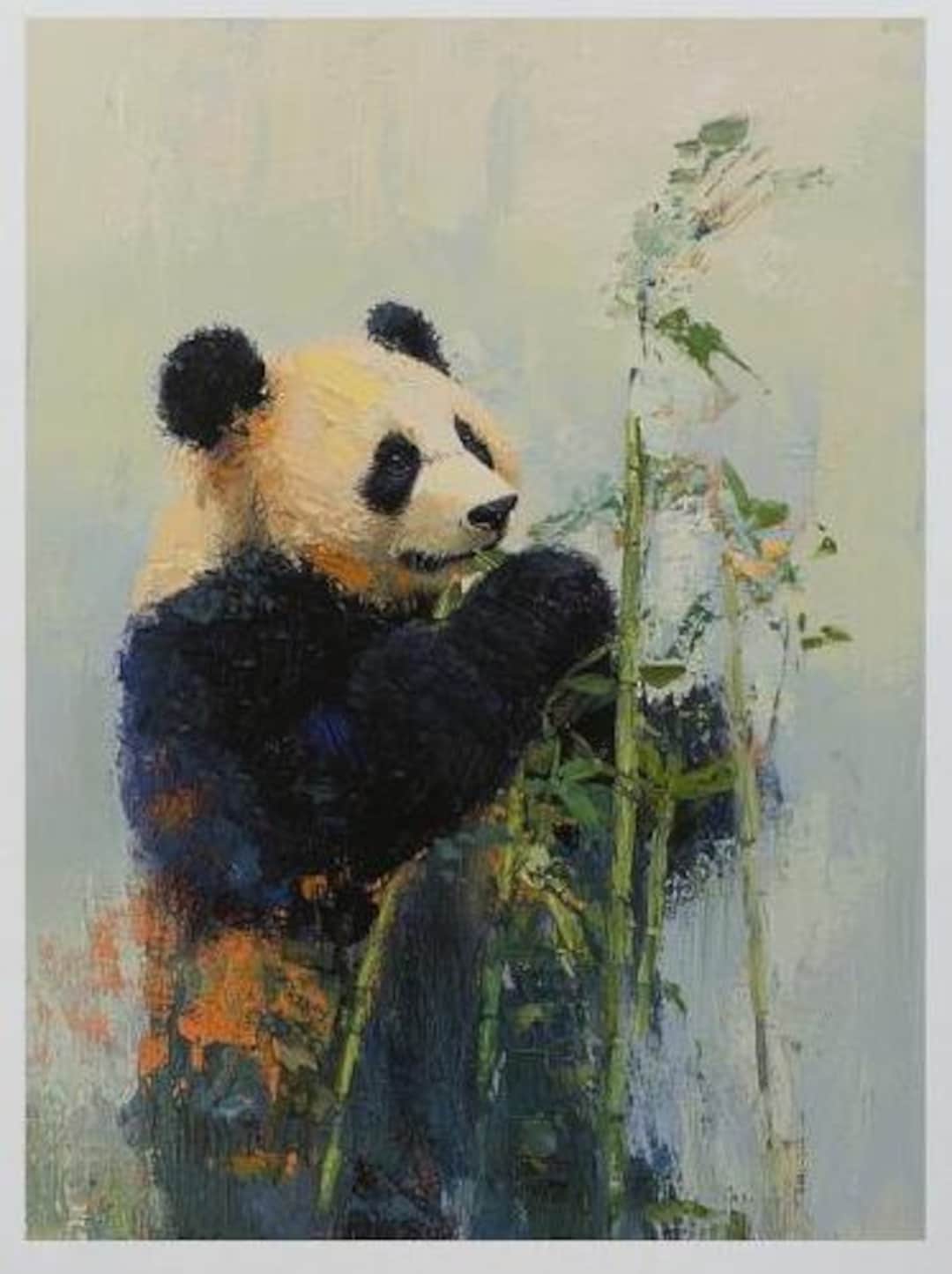 Panda With Bamboo - Impressionist Digital Print - Oil Painting ...