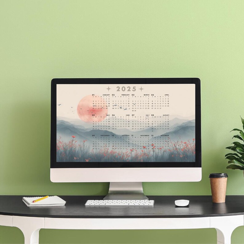 2025 Minimalist Nature Calendar Wallpaper - Serene Mountain and Poppy ...