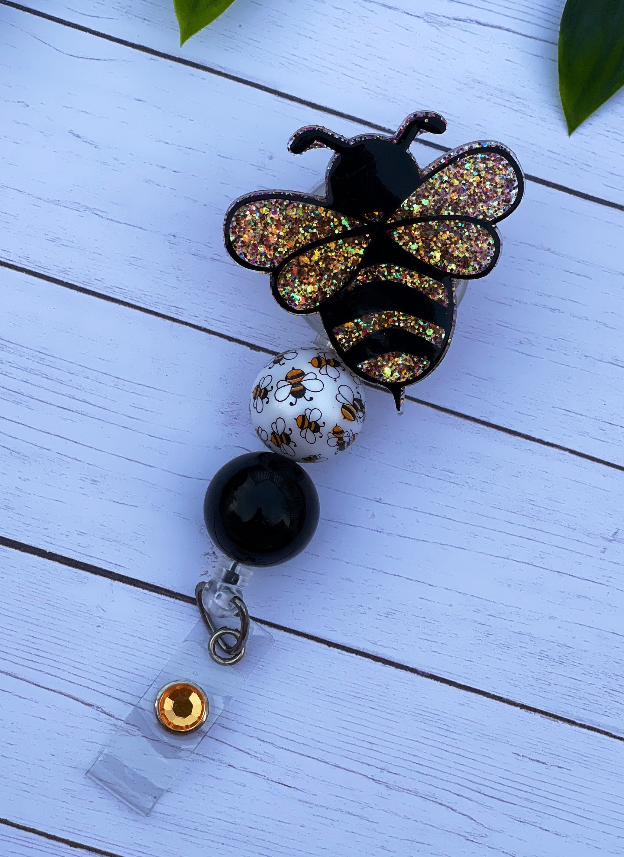 Bee Badge Reel Bumble Bee Beaded Badge Holder Teacher Badge Office ...