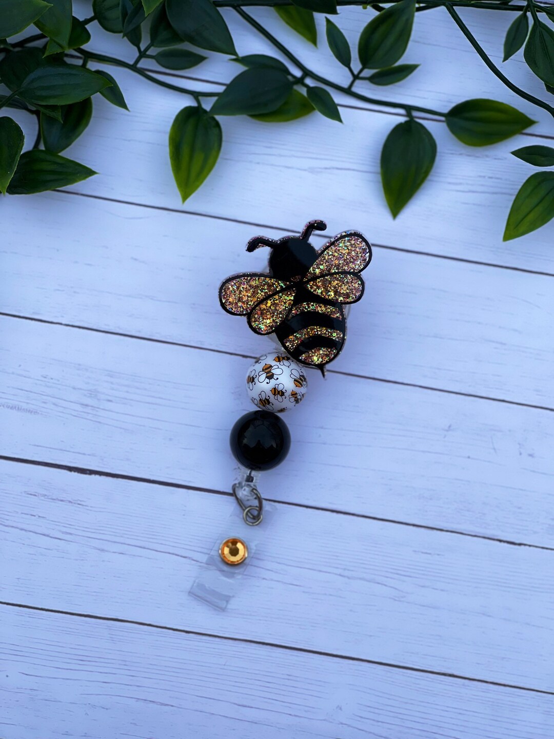 Bee Badge Reel - Bumble Bee Beaded Badge Holder - Teacher Badge ...