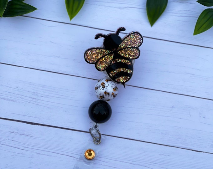 Bee Badge Reel - Bumble Bee Beaded Badge Holder - Teacher Badge ...