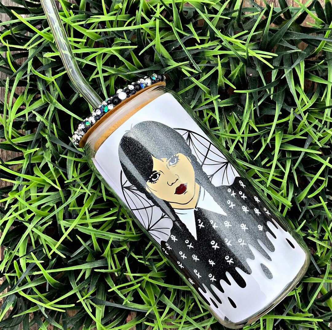 Wednesday Addams Glass Can Cup, Blinged Wednesday Beer Can, Iced Coffee ...