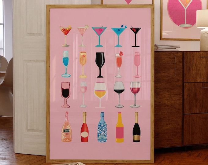 Retro Champagne Poster, Aesthetic Girly Bar Cart Art, Preppy Pink ...