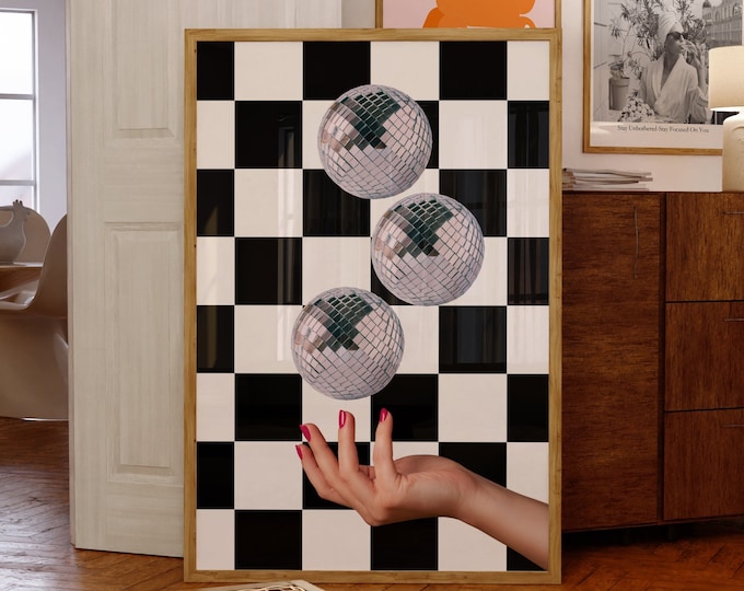 Retro Disco Ball Hand Poster-trendy Wall Art-disco Ball Print-preppy ...