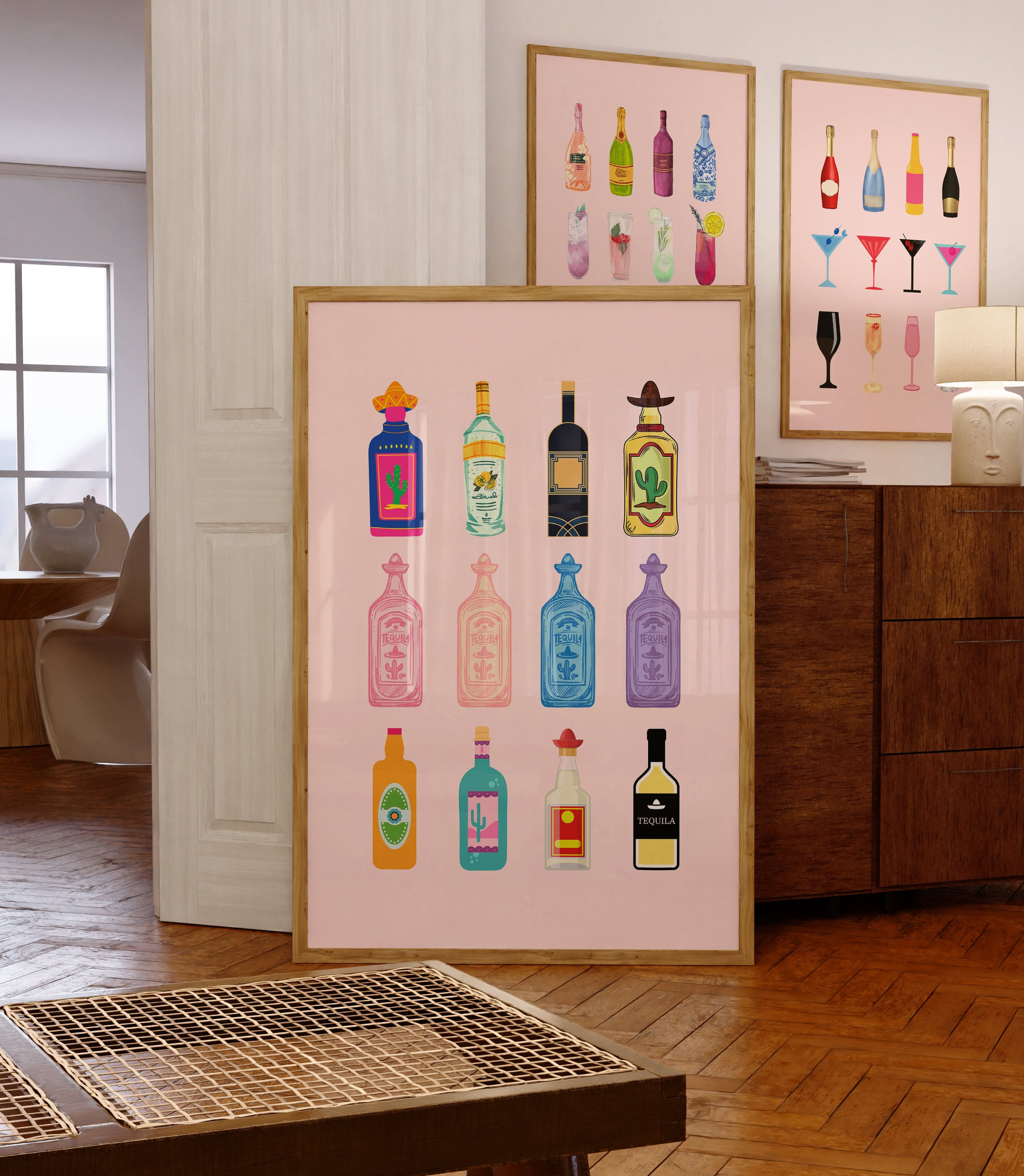 Set of 3 Retro Champagne Tequila Martini Rum Poster-girly Bar Cart Art ...