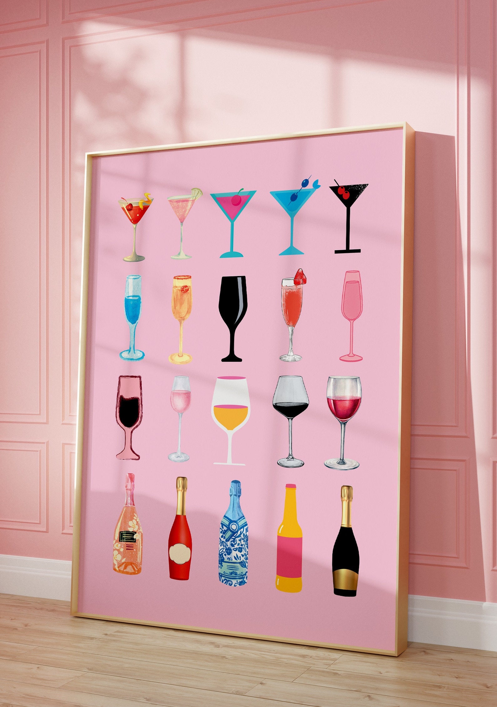 Retro Champagne Poster, Aesthetic Girly Bar Cart Art, Preppy Pink ...