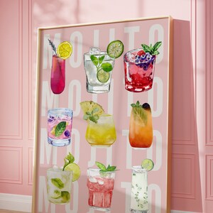 Retro Mojito Cocktail Print-aesthetic Girly Bar Cart Art-preppy Pink ...