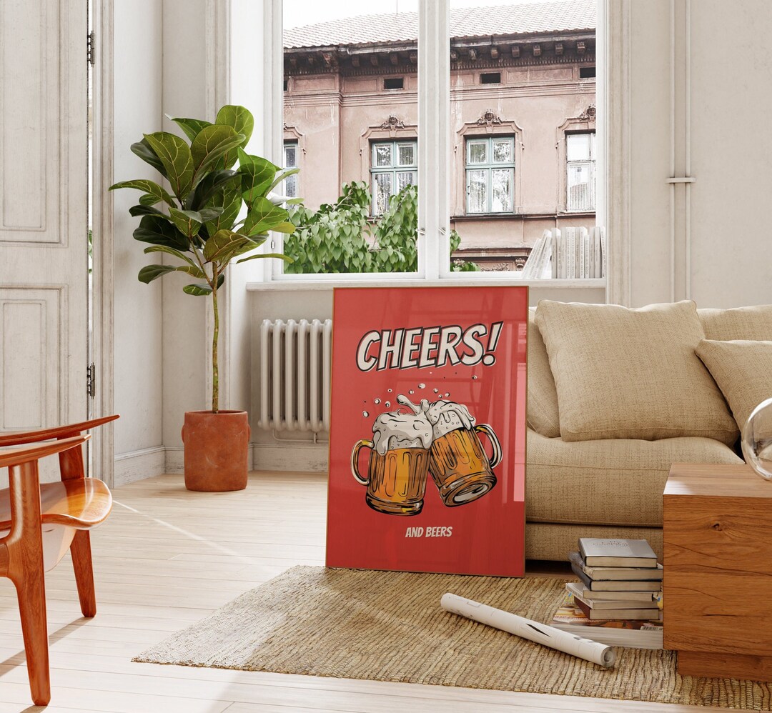 Retro Cheers and Beers Printable Wall Art-aesthetic Bar Cart Art-preppy ...