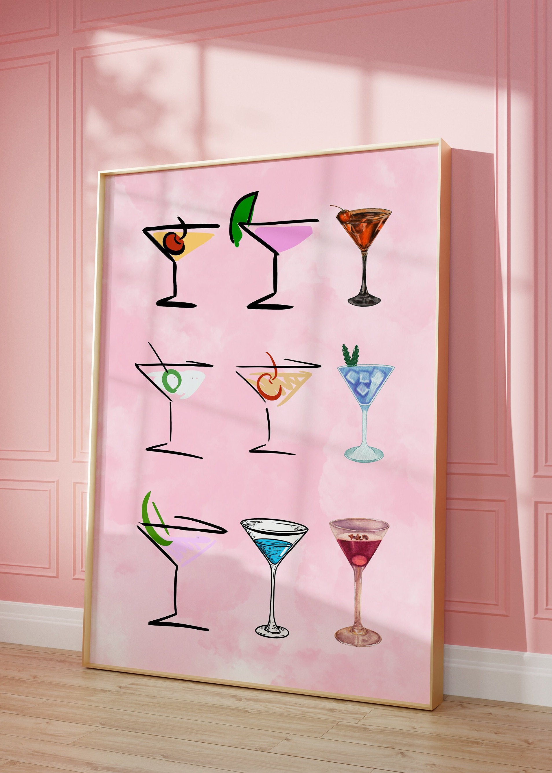 Retro Watercolor Martini Poster-preppy Girly Bar Cart Art-preppy Pink ...