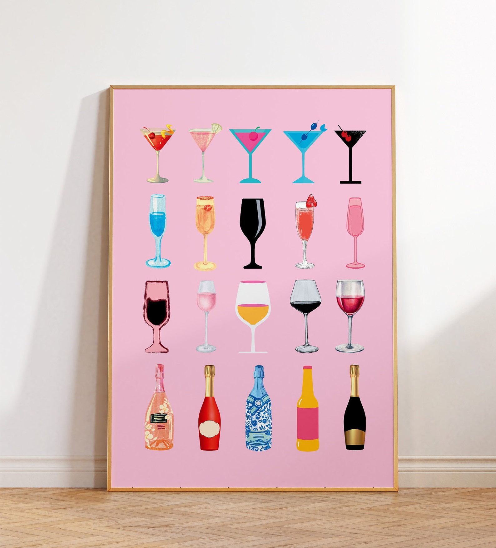 Retro Champagne Poster, Aesthetic Girly Bar Cart Art, Preppy Pink ...