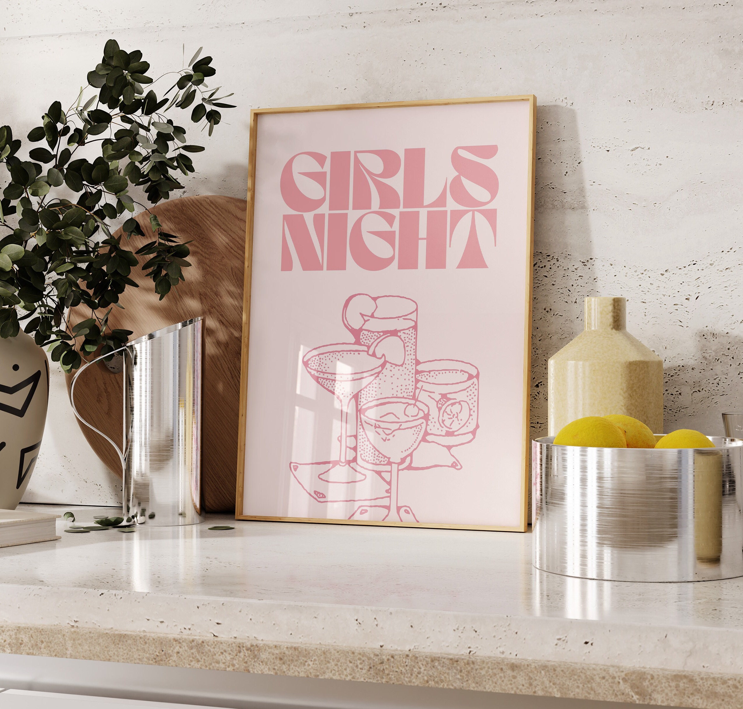 Retro Cocktail Poster-aesthetic Girly Bar Cart Art-preppy Pink Poster ...