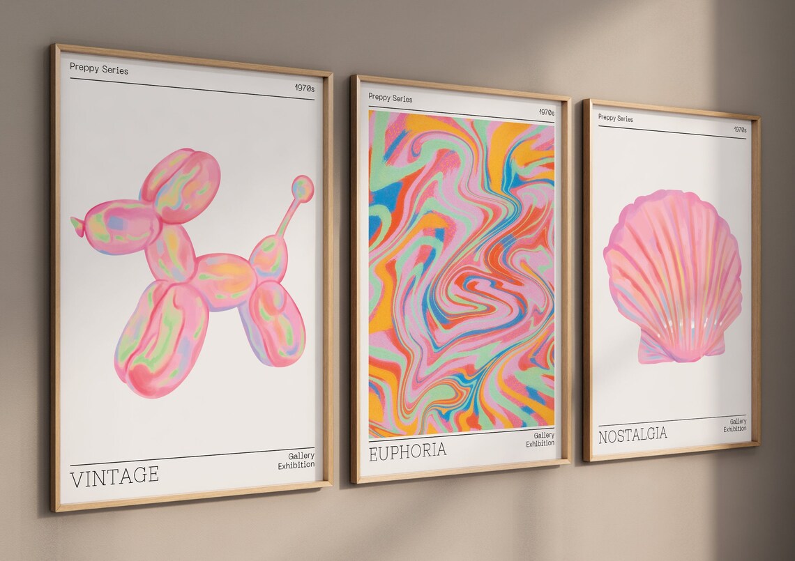 Set of 3 Preppy Pink Dog Balloon Print-70s Trendy Wall - Etsy