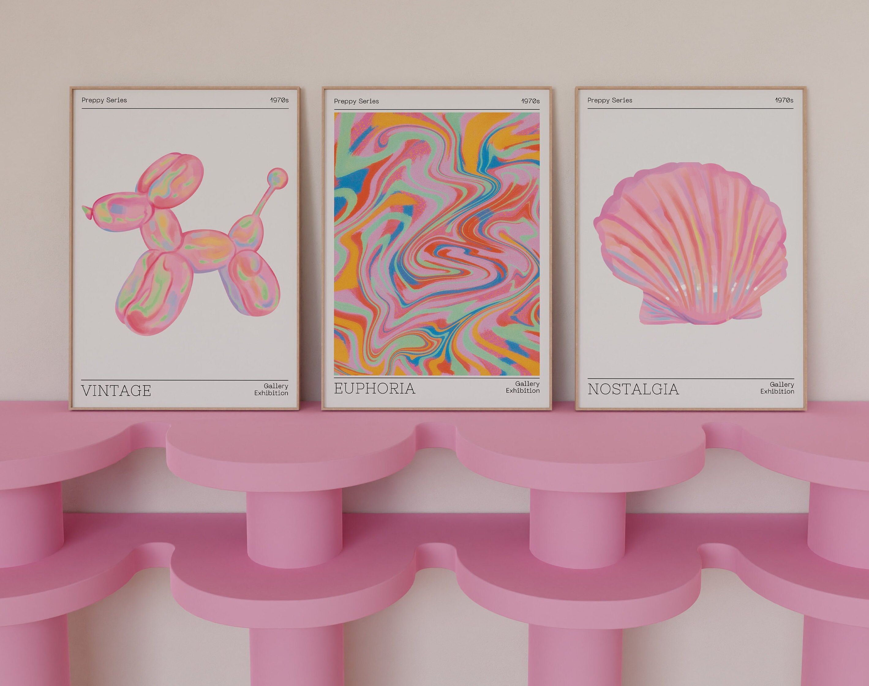 Set of 3 Preppy Pink Dog Balloon Print-70s Trendy Wall Art-retro ...