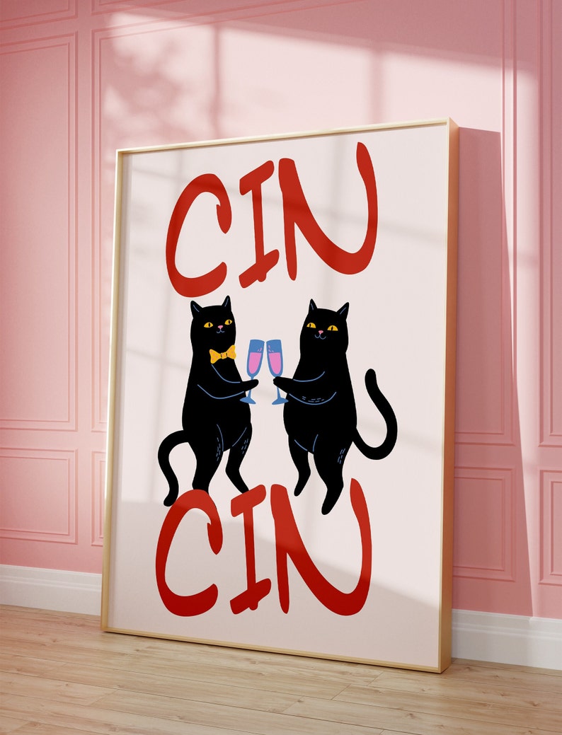 Cin Cin Print-cheers Print-black Cat Wall Art Decor-champagne Posters ...
