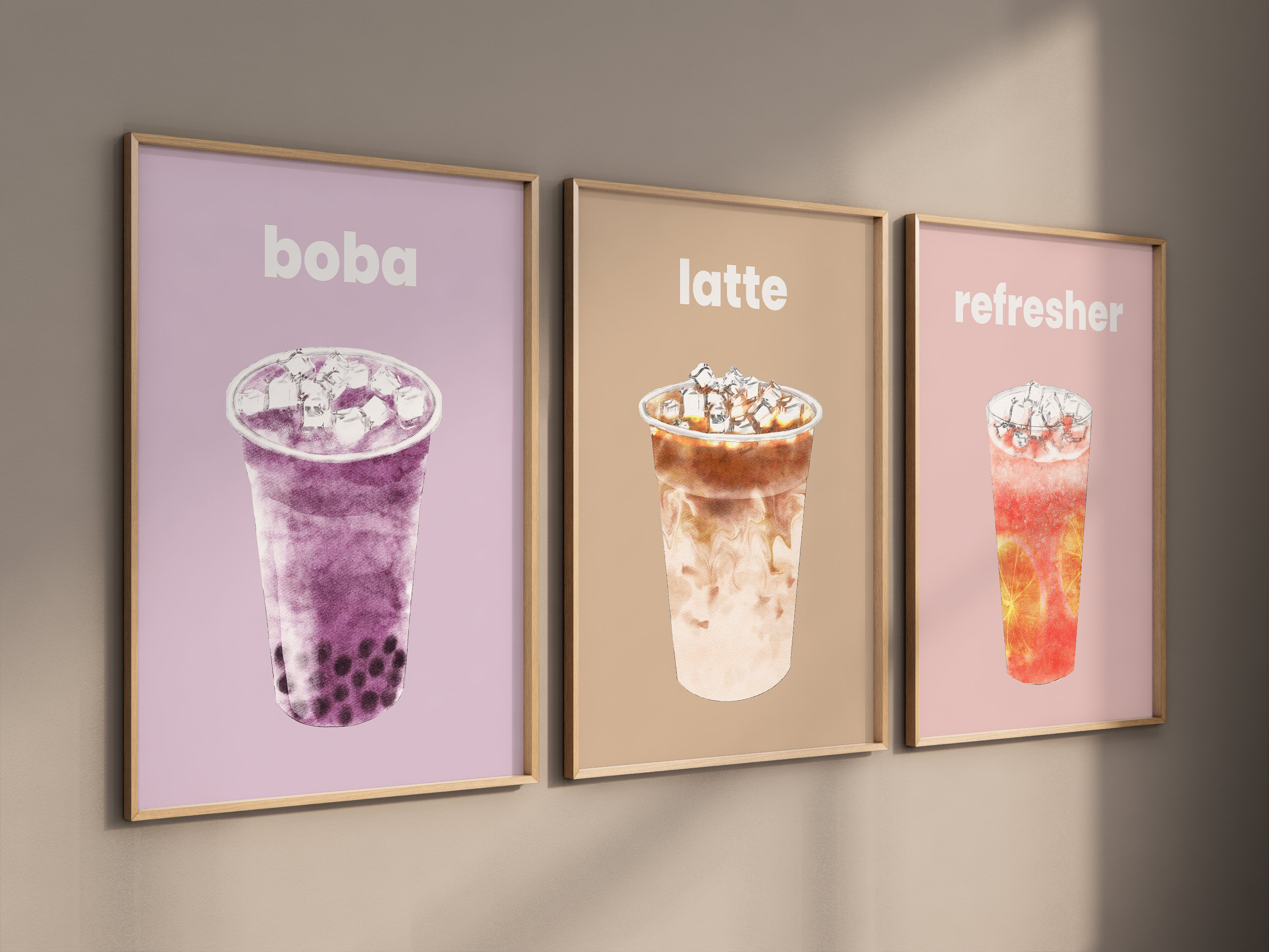 Trendy Bobba Latte Refresher Set of 3 Wall Art-bubble Tea Art-cute ...
