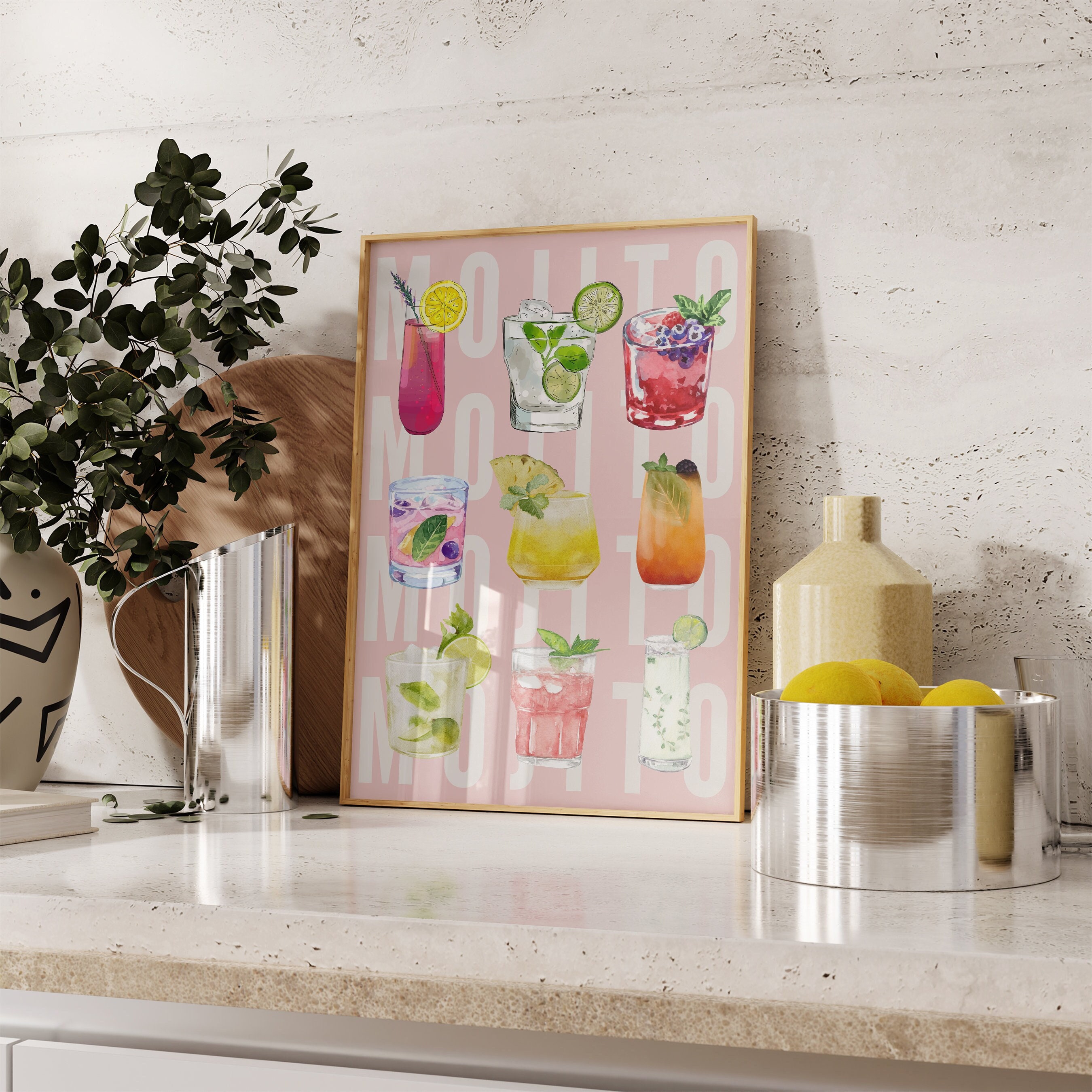 Retro Mojito Cocktail Print-aesthetic Girly Bar Cart Art-preppy Pink ...