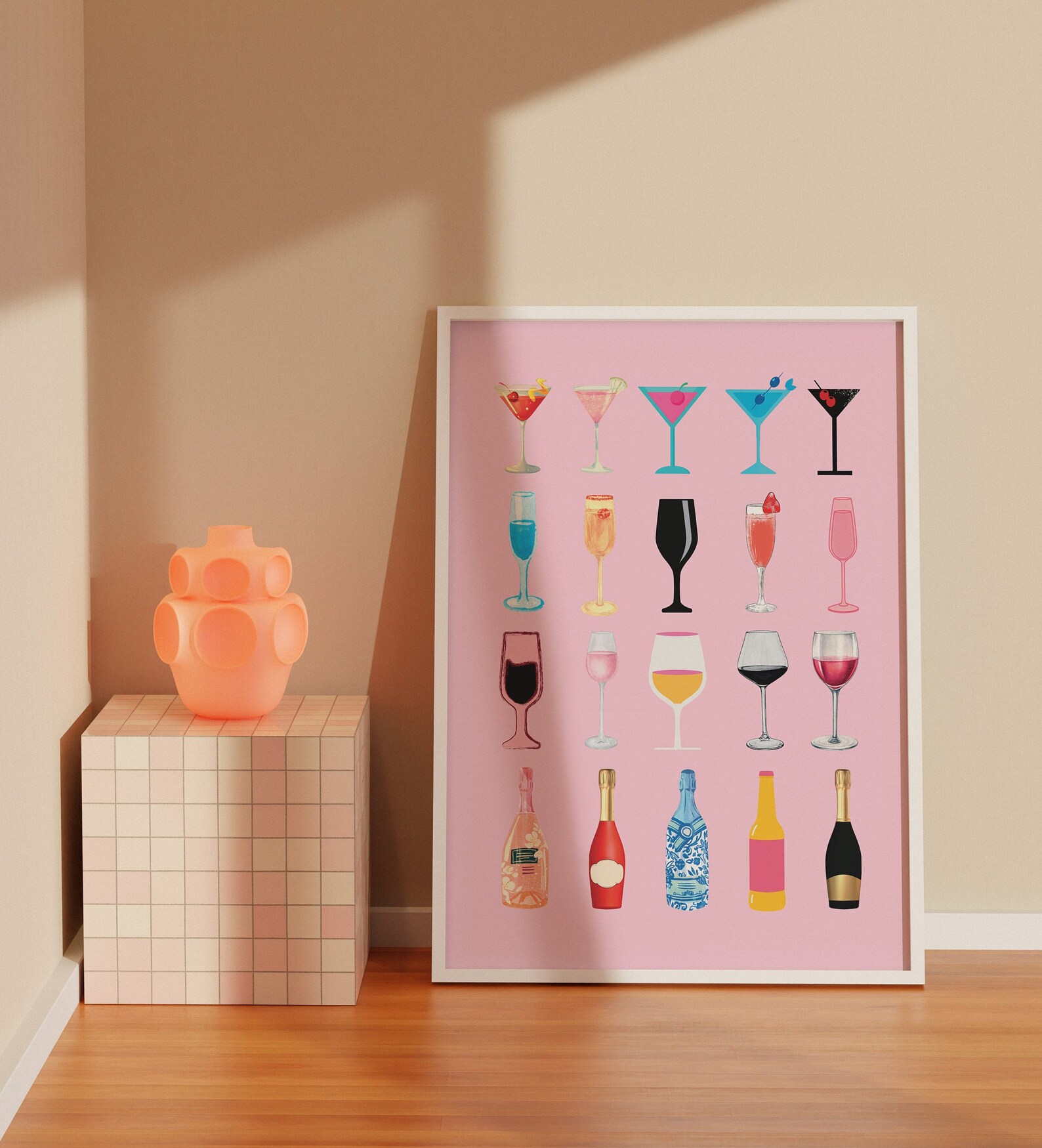 Retro Champagne Poster, Aesthetic Girly Bar Cart Art, Preppy Pink ...