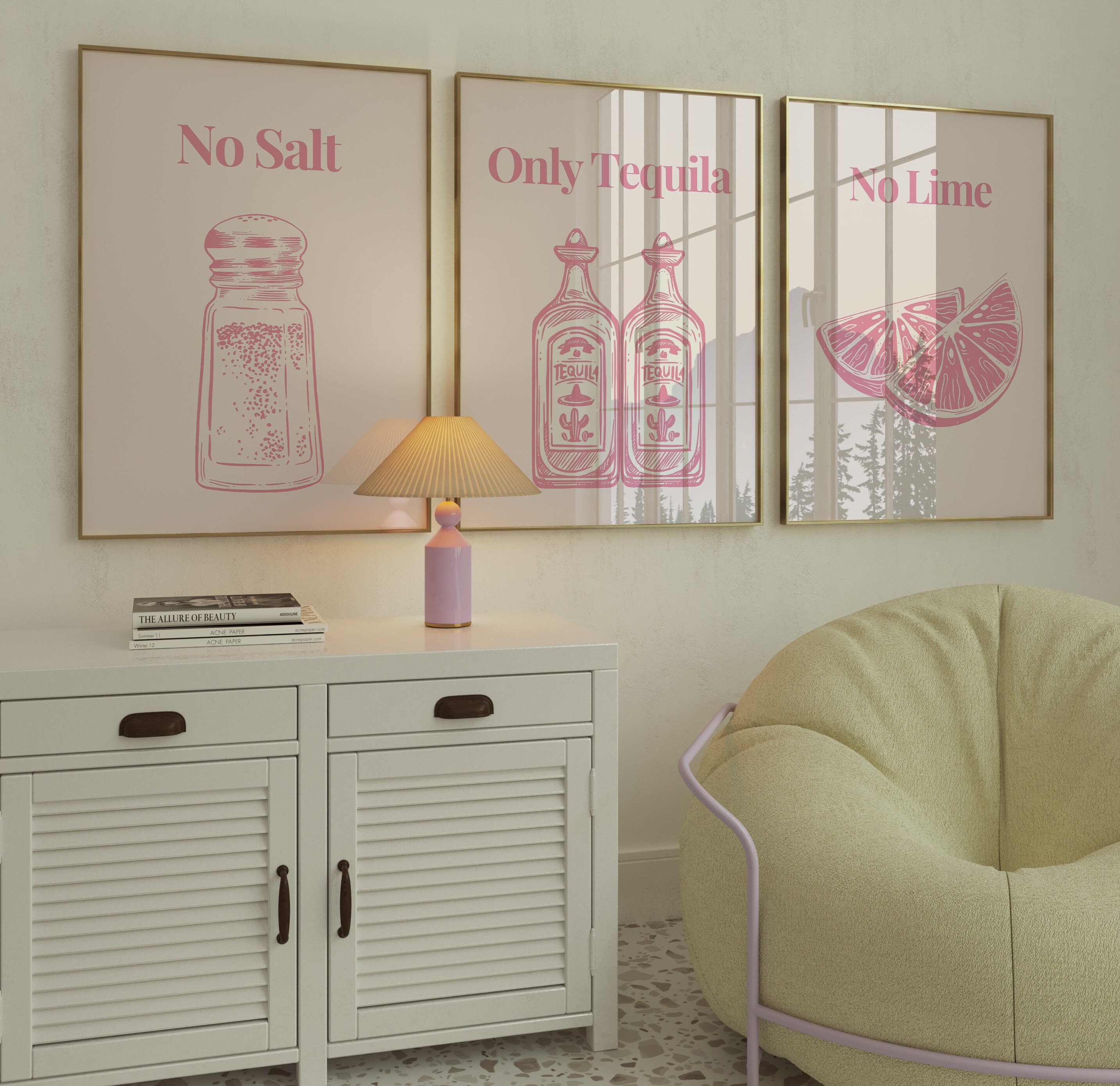 Set of 3 Retro Tequila Poster-aesthetic Girly Bar Cart Art-preppy Pink ...