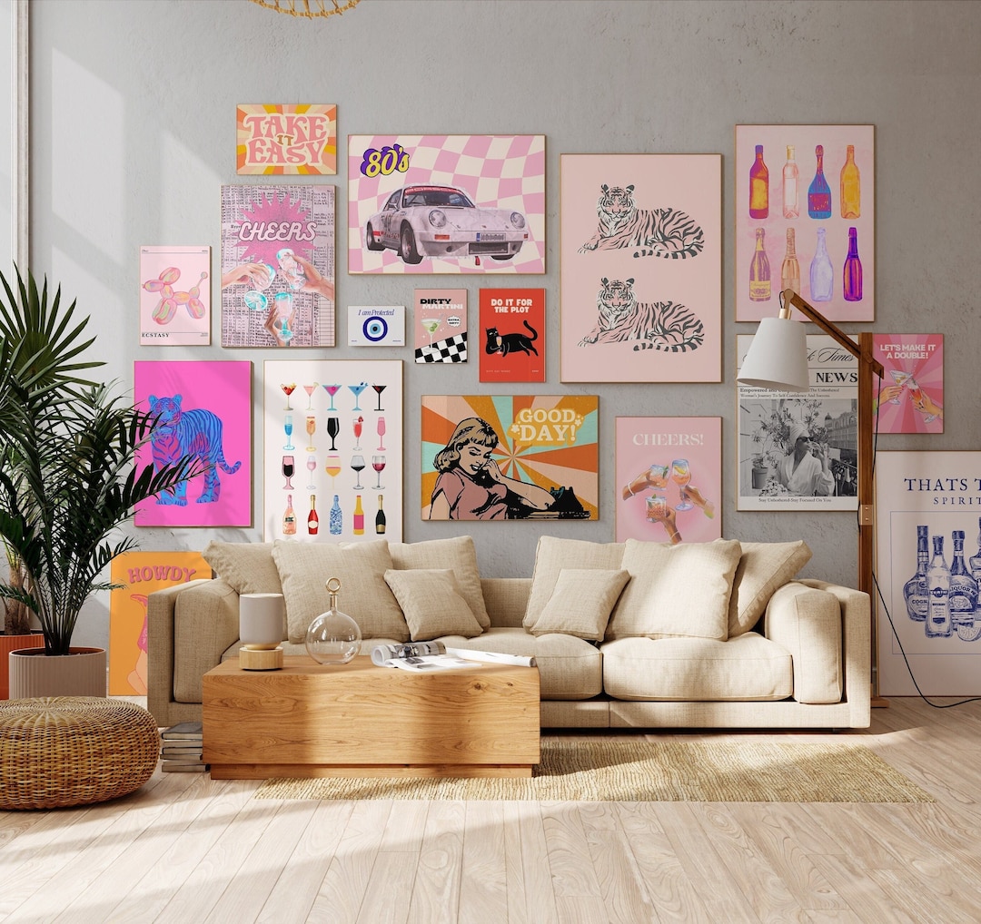 Retro Gallery Wall Set of 17-preppy Pink Posters-exhibition Set of 17 ...