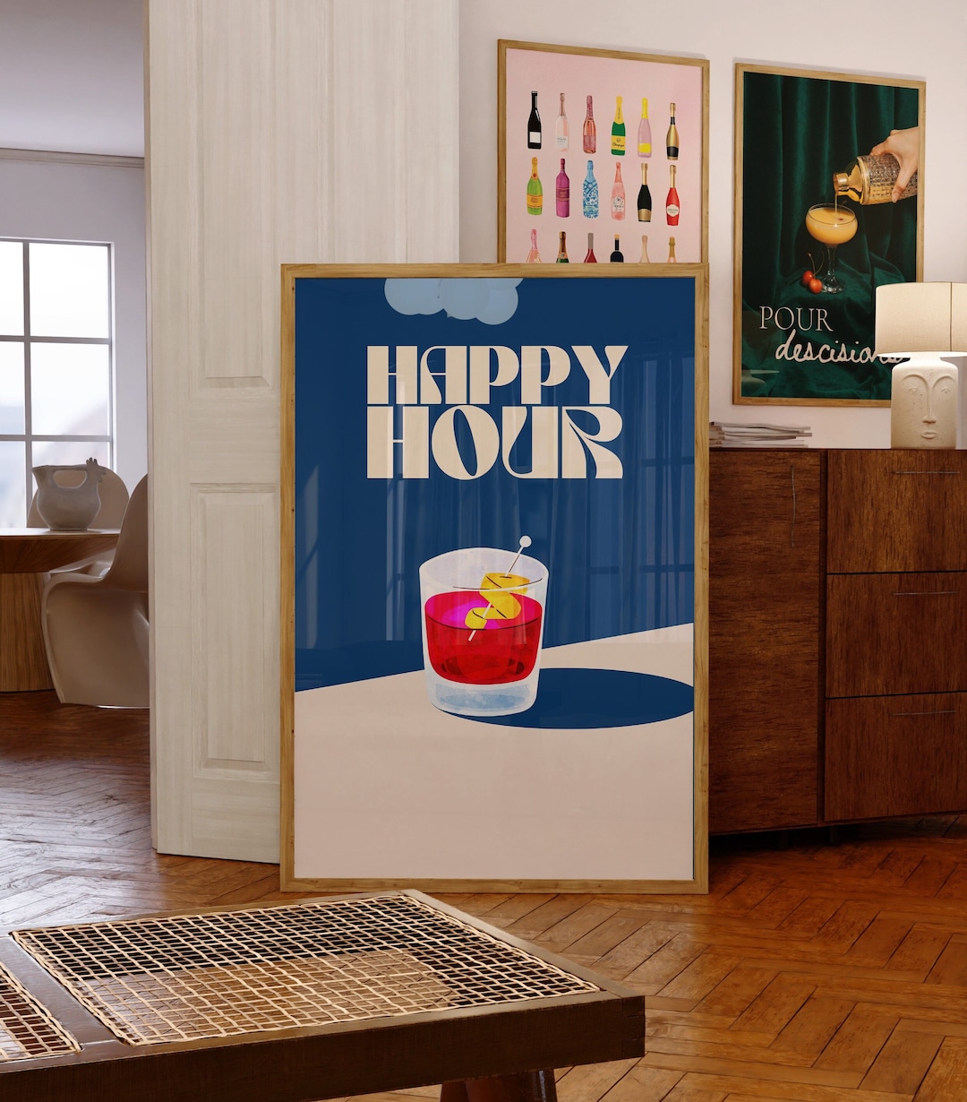 Retro Happy Hour Drinks Art-preppy Bar Cart Art Decor-trendy Bar Art ...