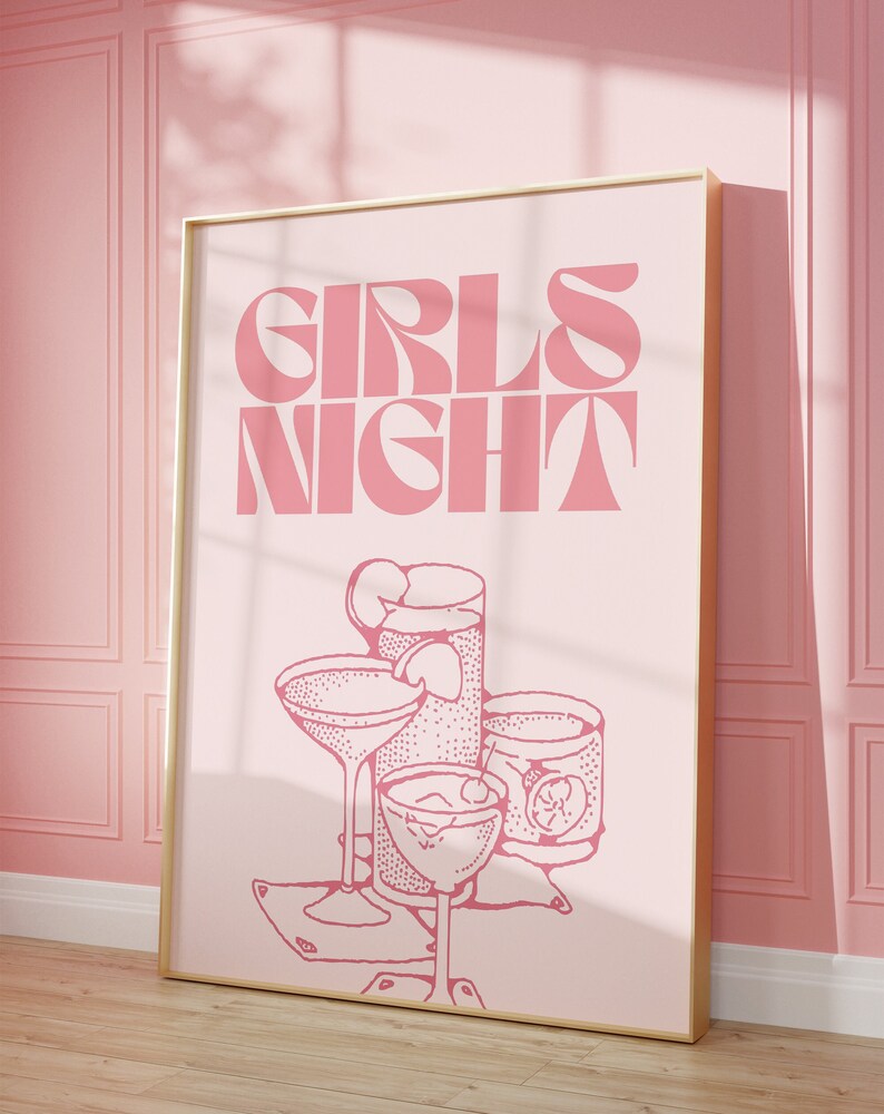 Retro Cocktail Poster-aesthetic Girly Bar Cart Art-preppy Pink Poster ...