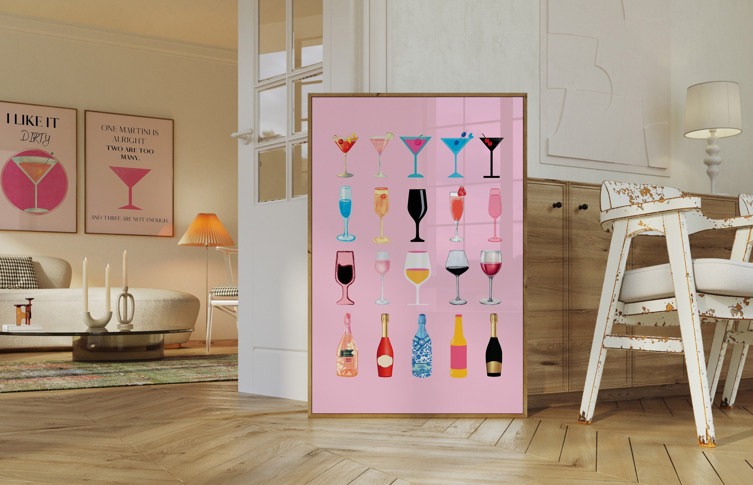 Retro Champagne Poster, Aesthetic Girly Bar Cart Art, Preppy Pink ...
