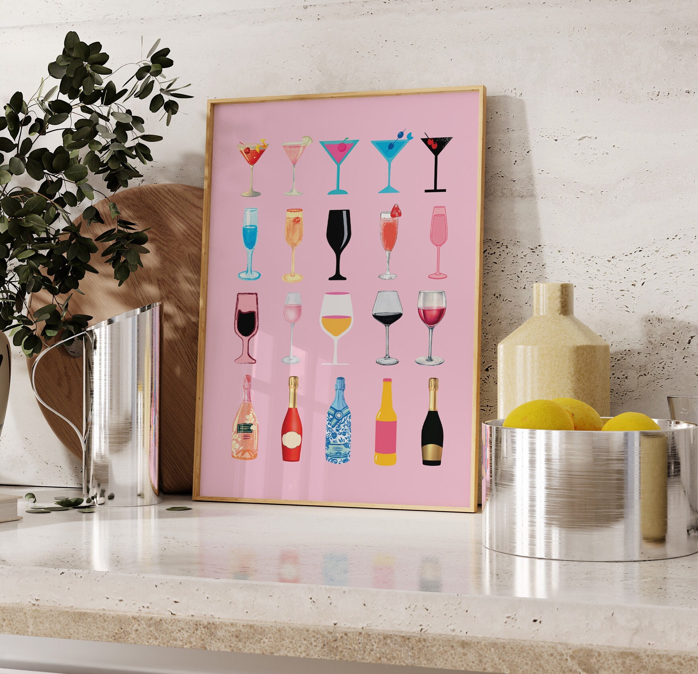 Retro Champagne Poster, Aesthetic Girly Bar Cart Art, Preppy Pink ...