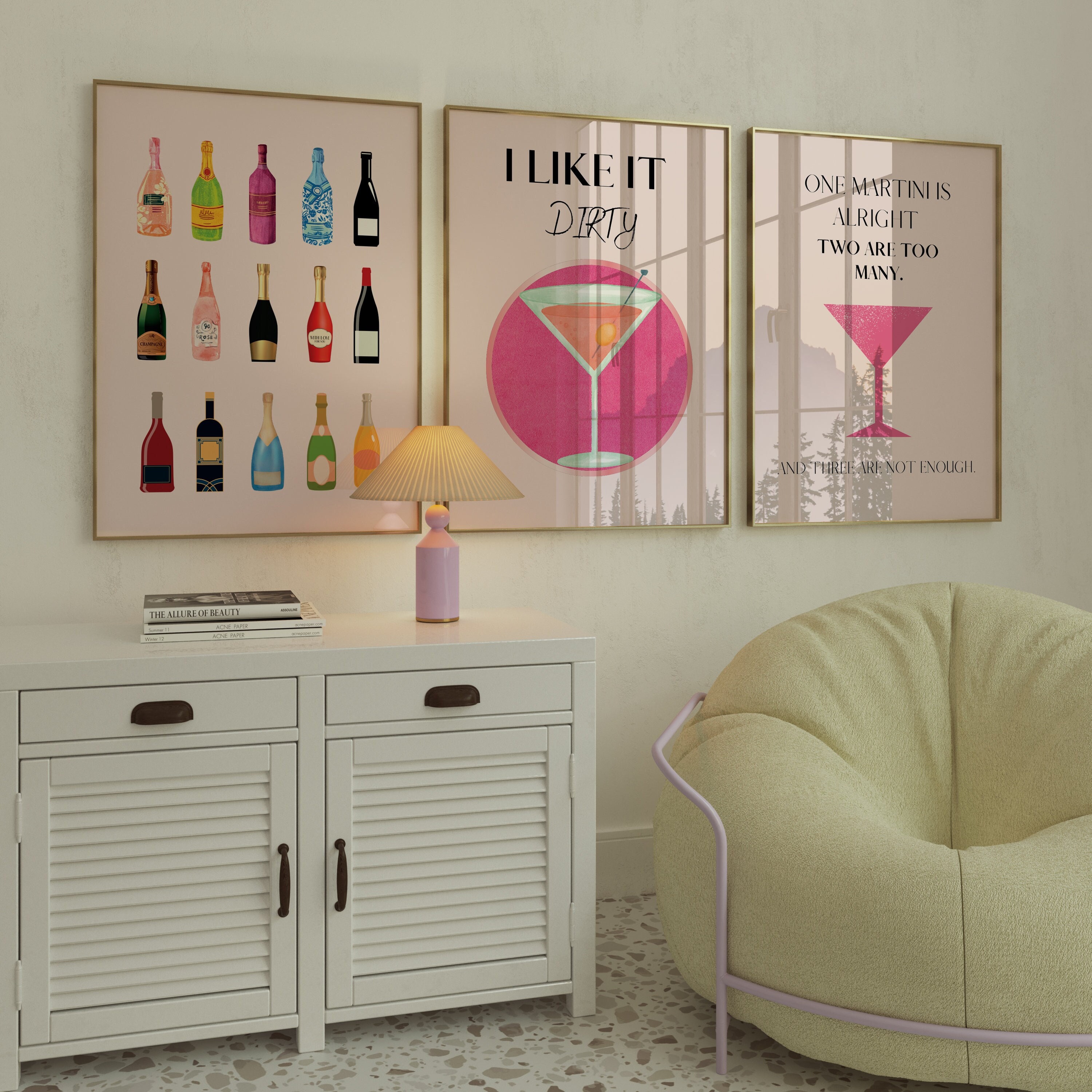 Set of 3 Retro Champagne Poster Set, Aesthetic Girly Bar Cart Art ...