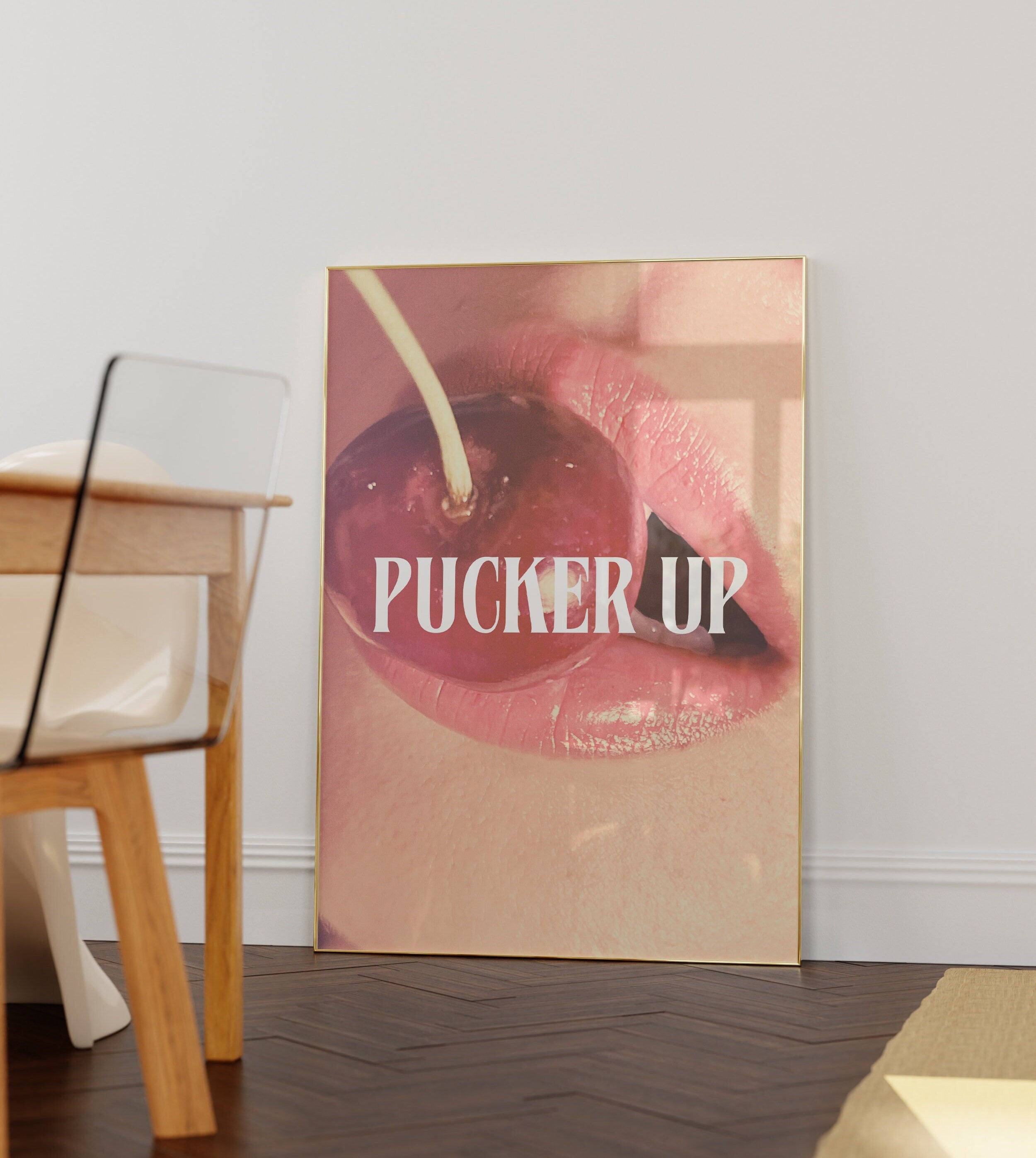 Aesthetic Pucker up Cherry Lips Art Print-pink Girly Art-preppy Pink ...