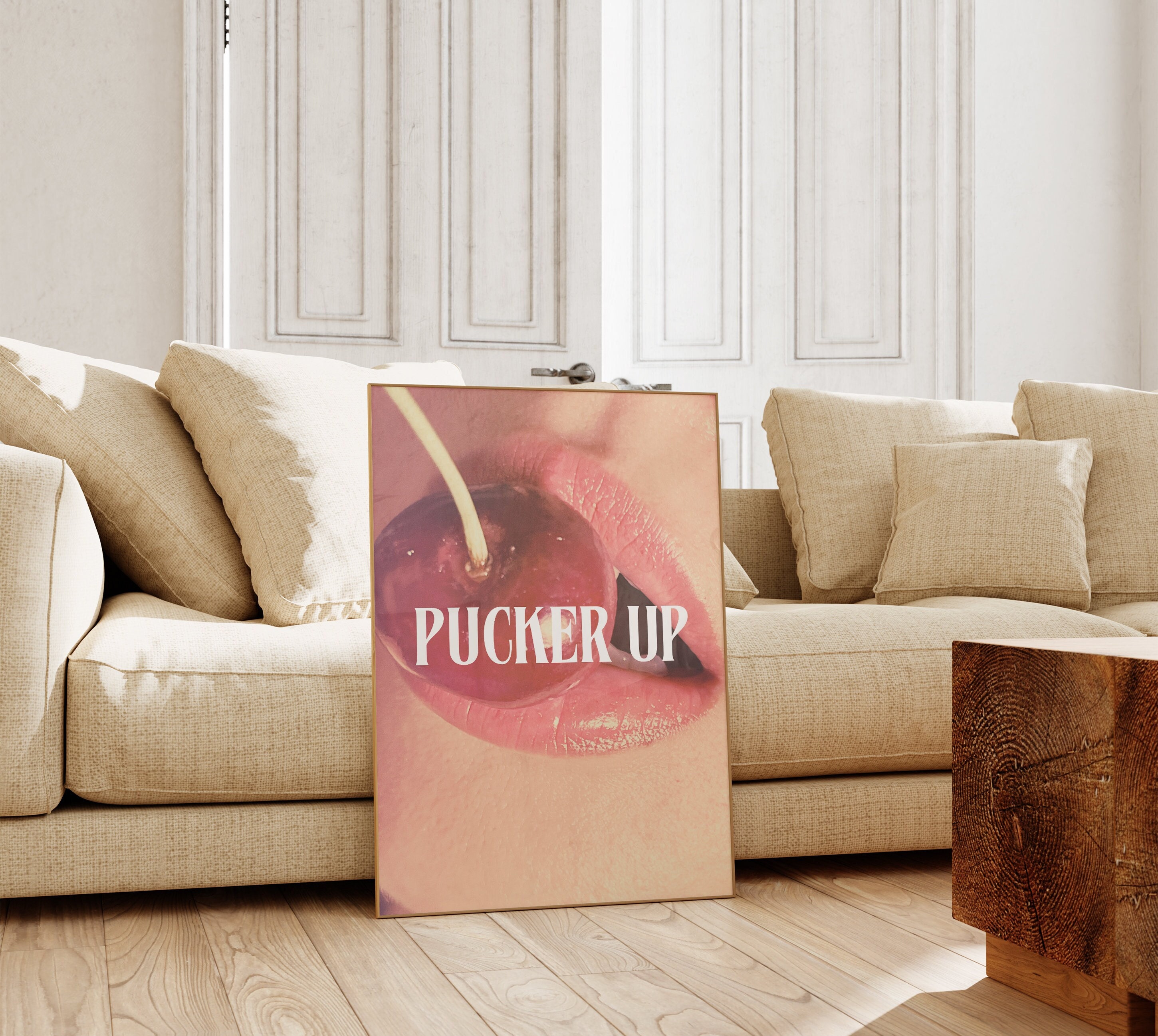 Aesthetic Pucker up Cherry Lips Art Print-pink Girly Art-preppy Pink ...
