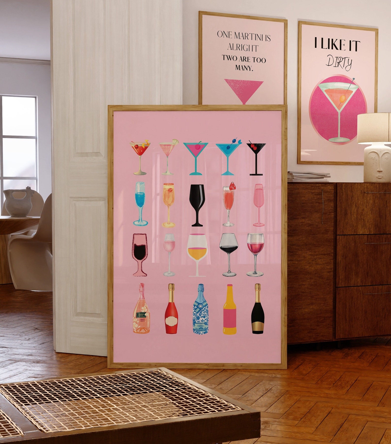Retro Champagne Poster, Aesthetic Girly Bar Cart Art, Preppy Pink ...