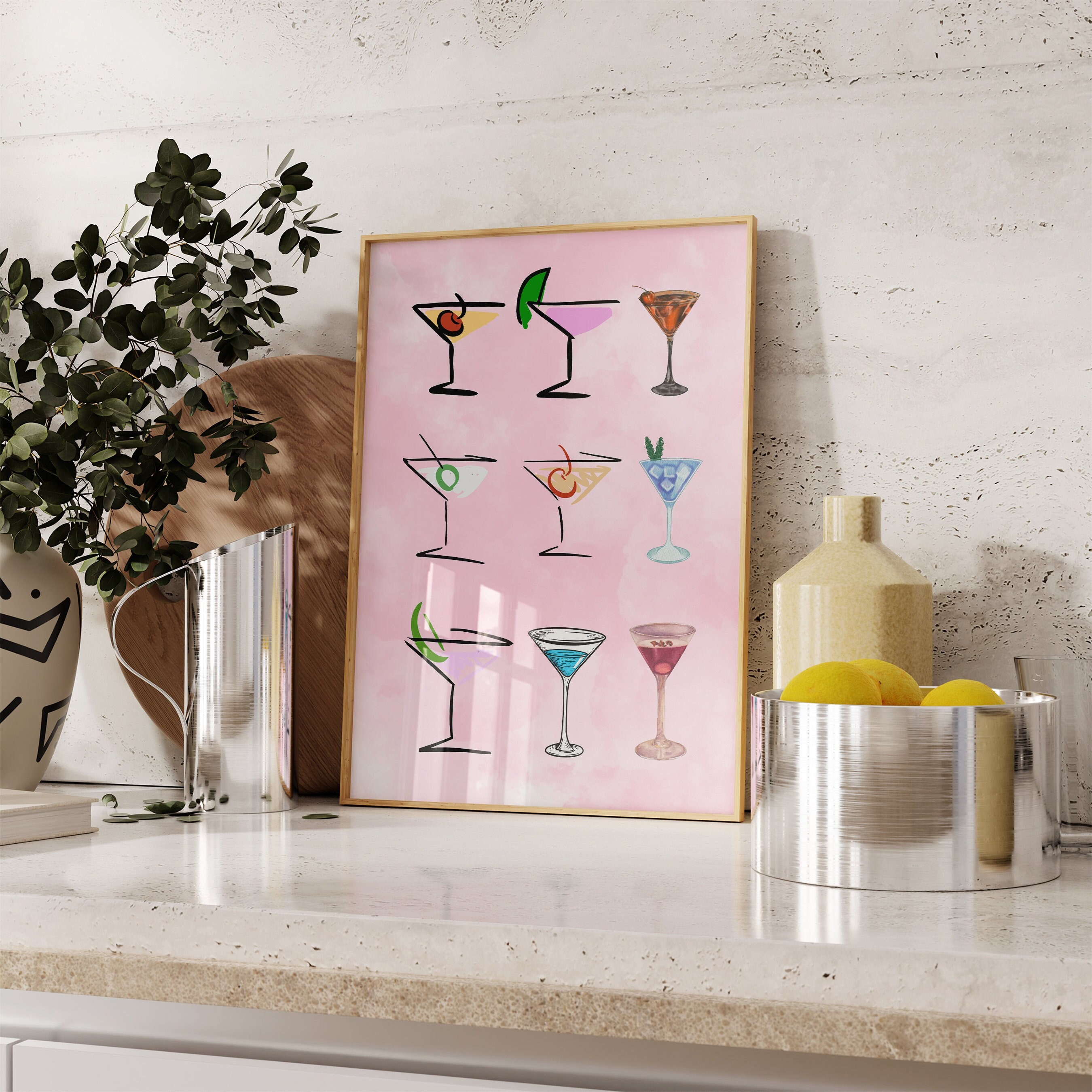 Retro Watercolor Martini Poster-preppy Girly Bar Cart Art-preppy Pink ...
