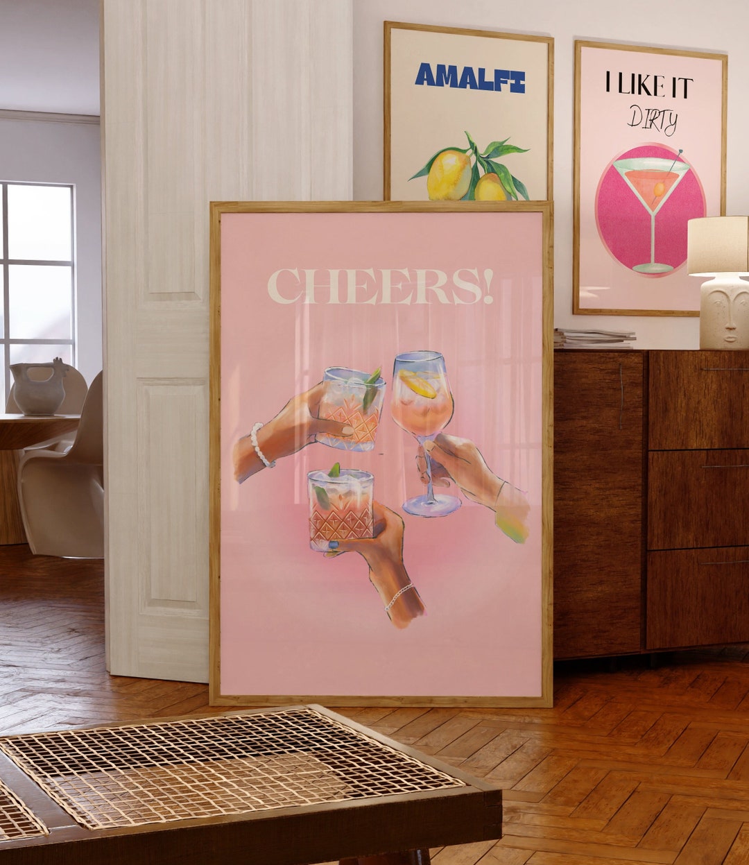 Retro Cheers Art Print-aesthetic Girly Bar Cart Art-preppy Pink Poster-trendy Bar Cart Decor ...