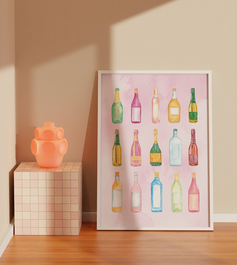 Retro Watercolor Champagne Poster-aesthetic Girly Bar Cart Art-preppy ...