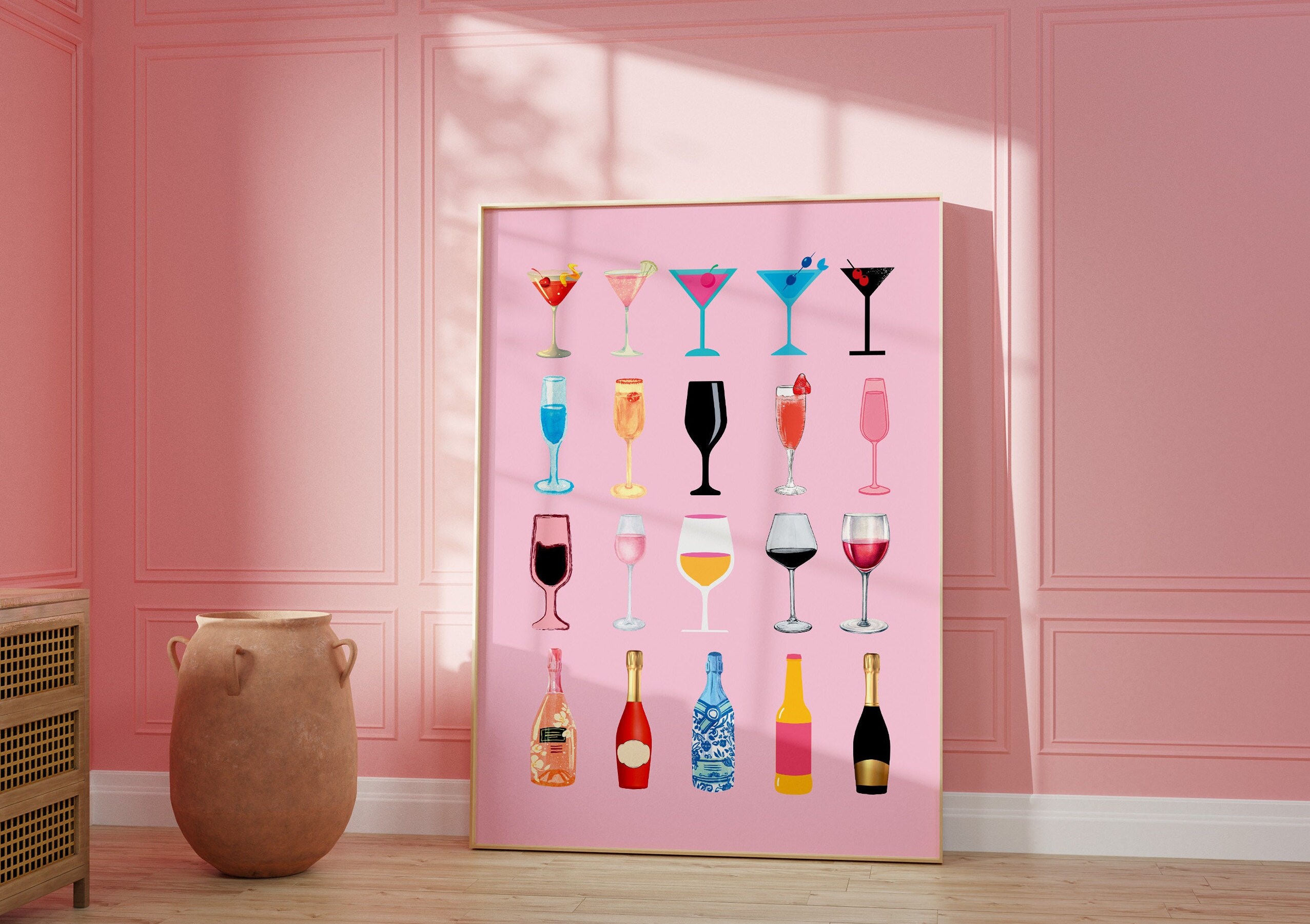 Retro Champagne Poster, Aesthetic Girly Bar Cart Art, Preppy Pink ...