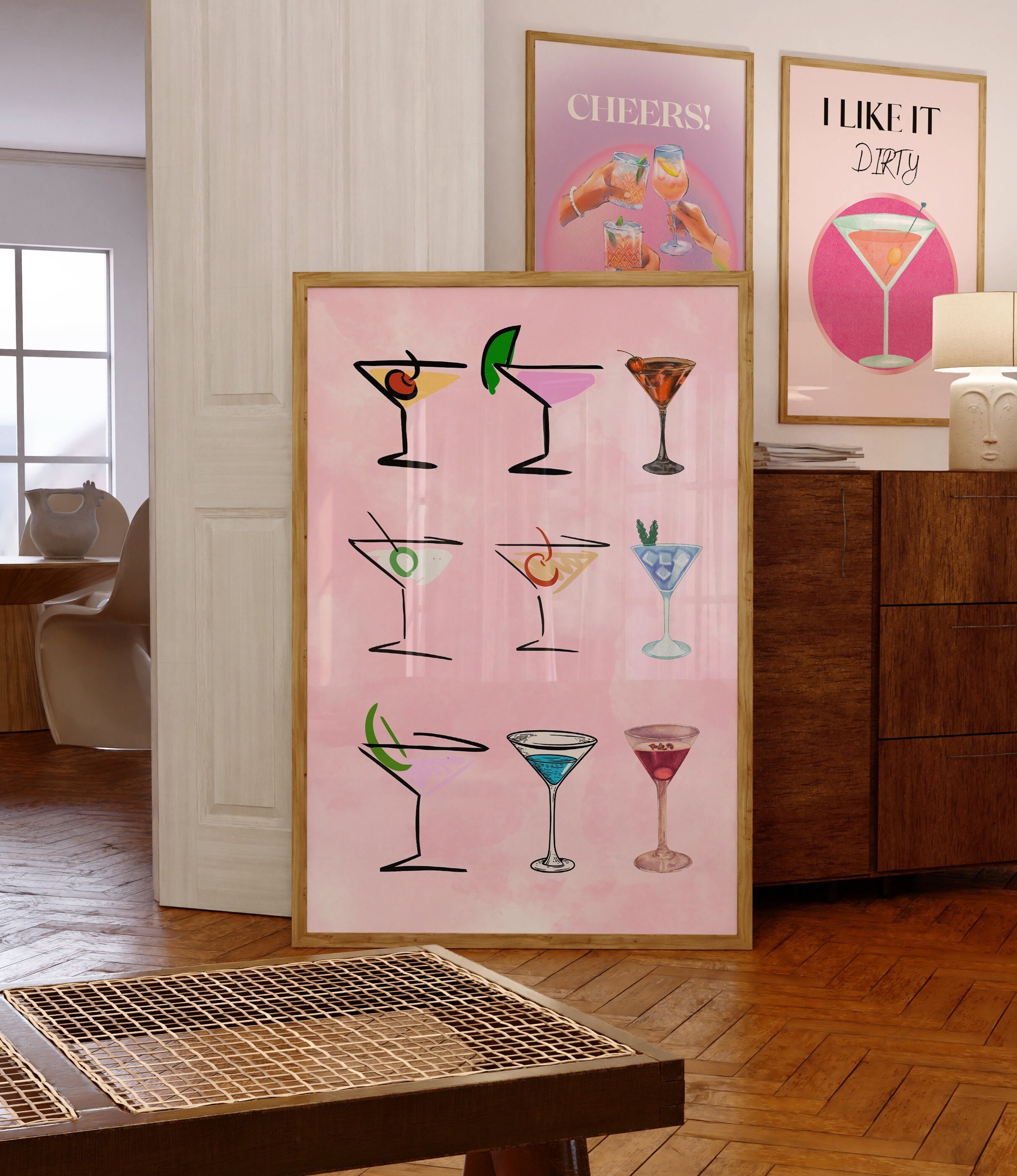 Retro Watercolor Martini Poster-preppy Girly Bar Cart Art-preppy Pink ...