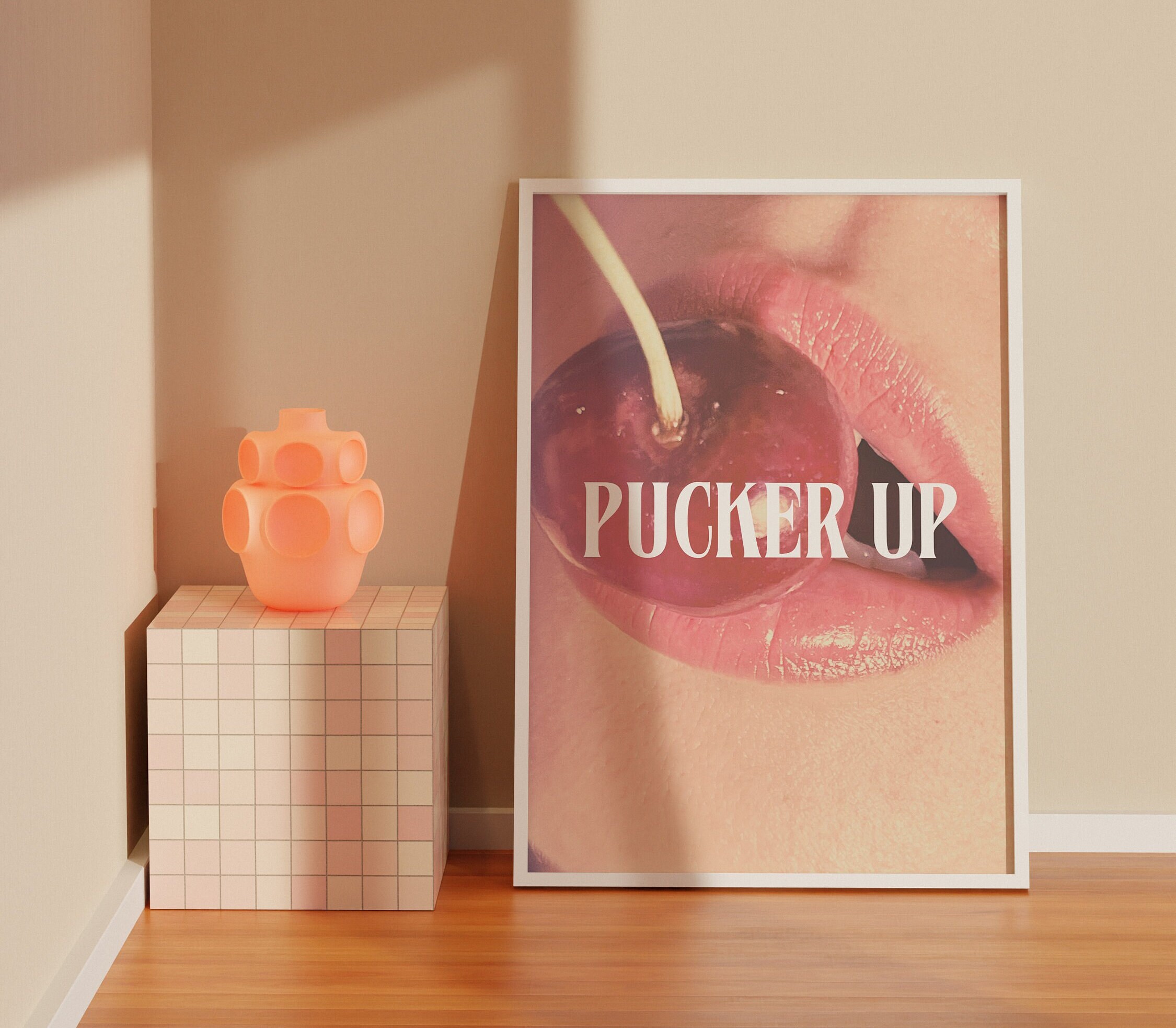 Aesthetic Pucker up Cherry Lips Art Print-pink Girly Art-preppy Pink ...
