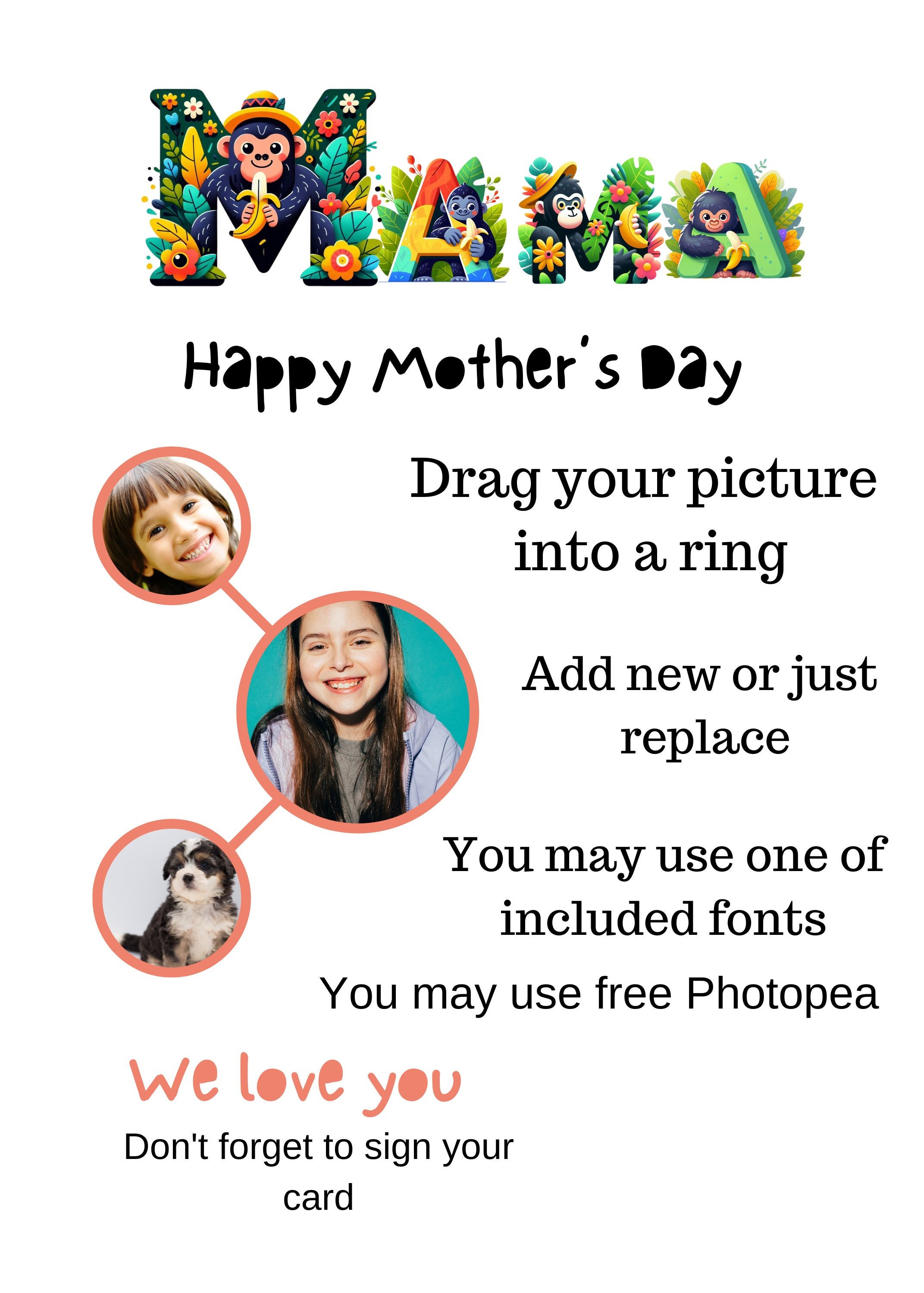 12 Personalized Safari Animals Editable Cards for Mom, Doodle Jungle ...