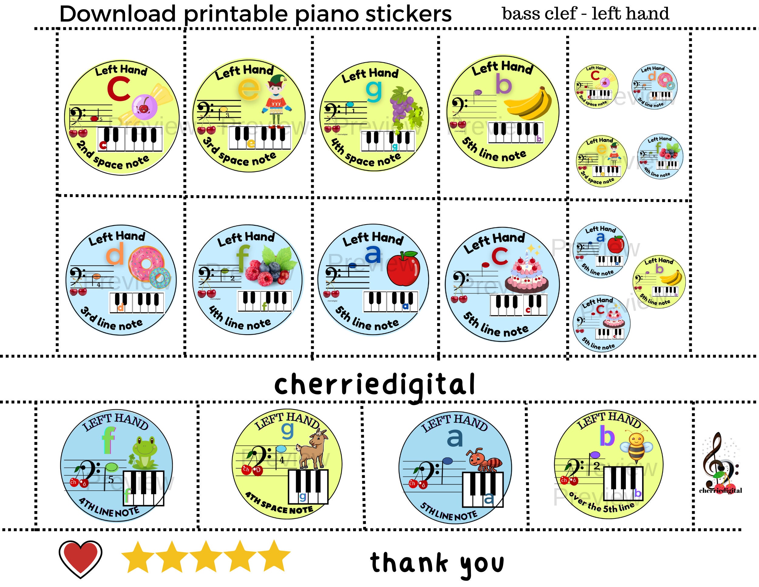 Music Circles Flash Cards Piano Keys Stickers, Music Alphabet, Treble ...