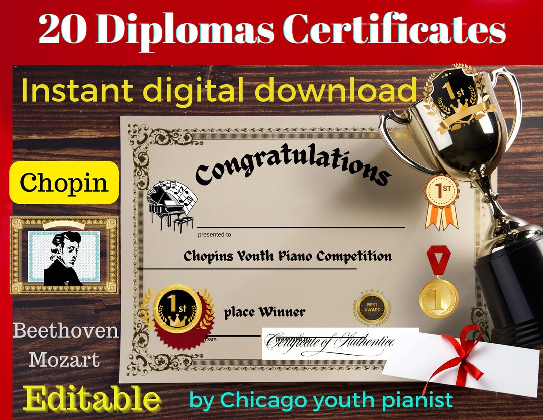 Set of 20 Custom Diplomas Prizes Chopin Piano Competition Certificates ...