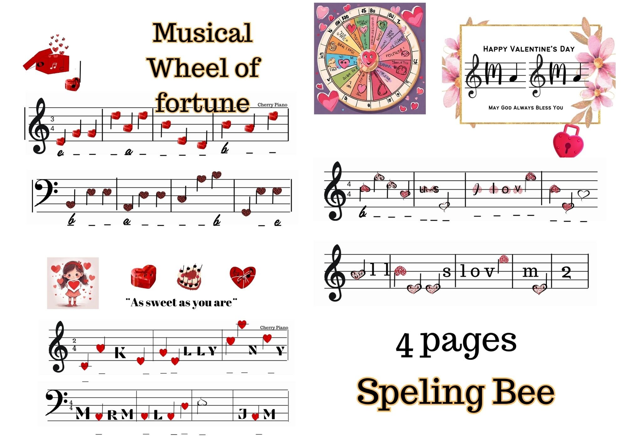 Valentine Music Notes Clipart, Musical Wheel of Fortune Puzzles, Gift ...