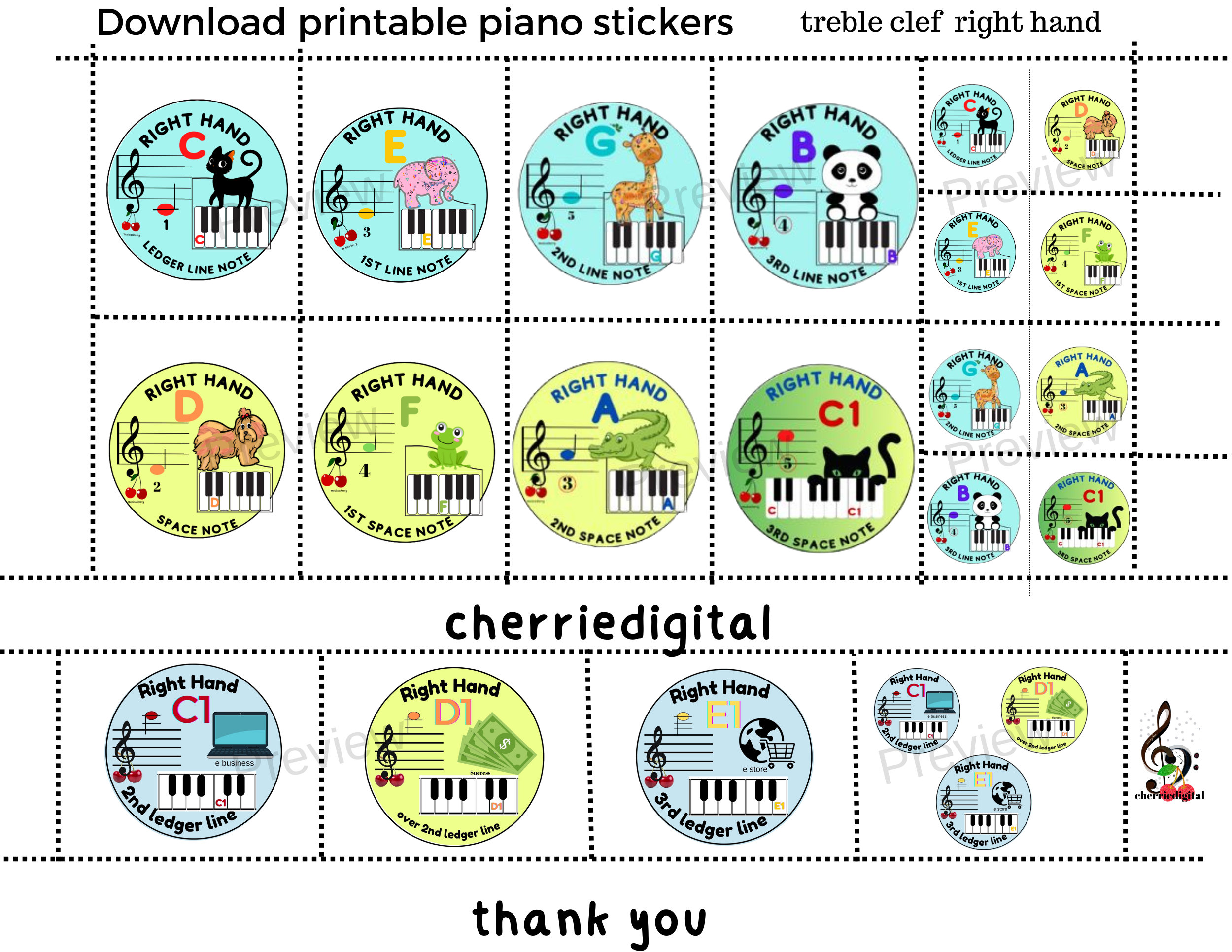 Music Circles Flash Cards Piano Keys Stickers, Music Alphabet, Treble ...
