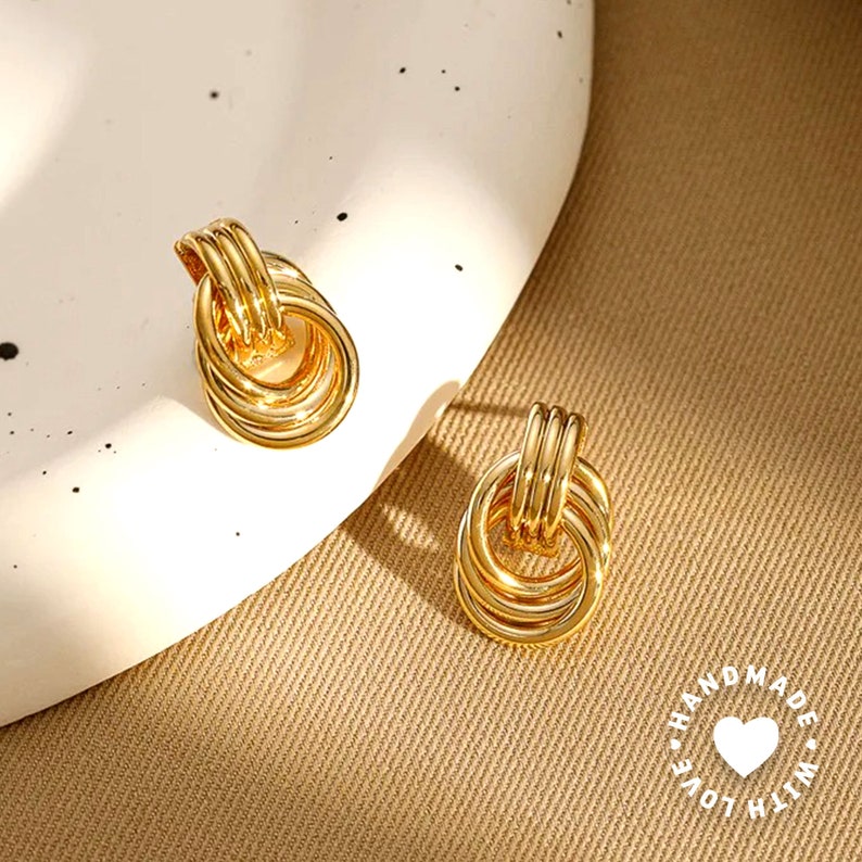 Gold Love Knot Triple Hoop Earrings Door Knocker Style, Linked Hoops ...