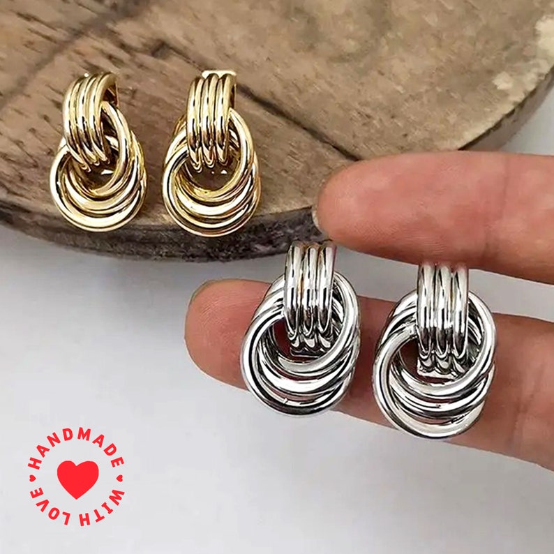 Gold Love Knot Triple Hoop Earrings Door Knocker Style, Linked Hoops ...