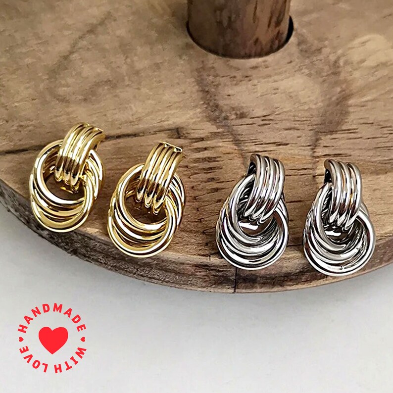 Gold Love Knot Triple Hoop Earrings Door Knocker Style, Linked Hoops ...