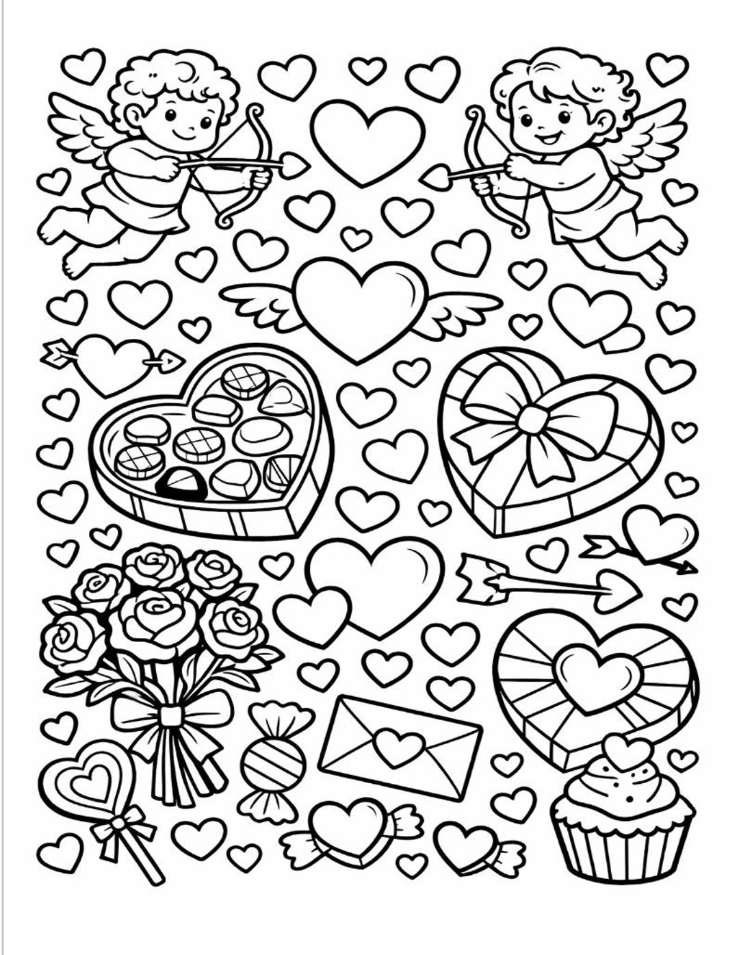 Valentine's Day Coloring Page | Hearts, Cupids, Flowers (PDF Printable ...