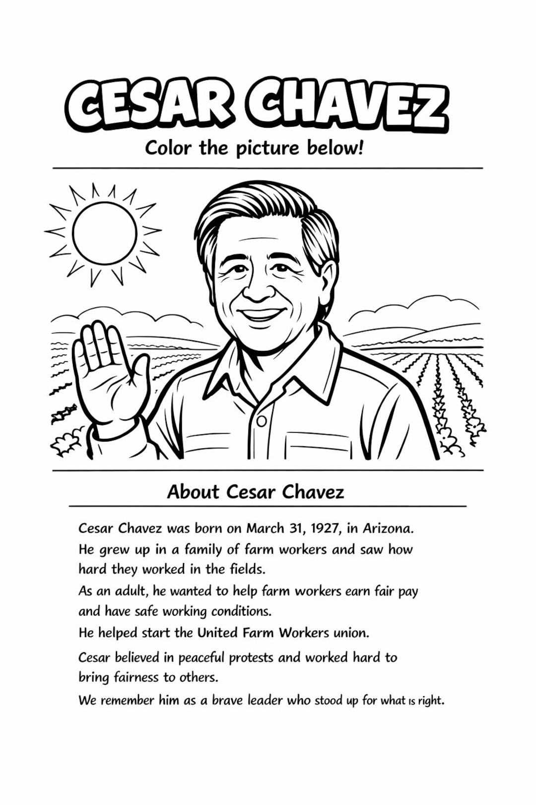 Cesar Chavez Coloring Page Printable | Hispanic Heritage Worksheet ...