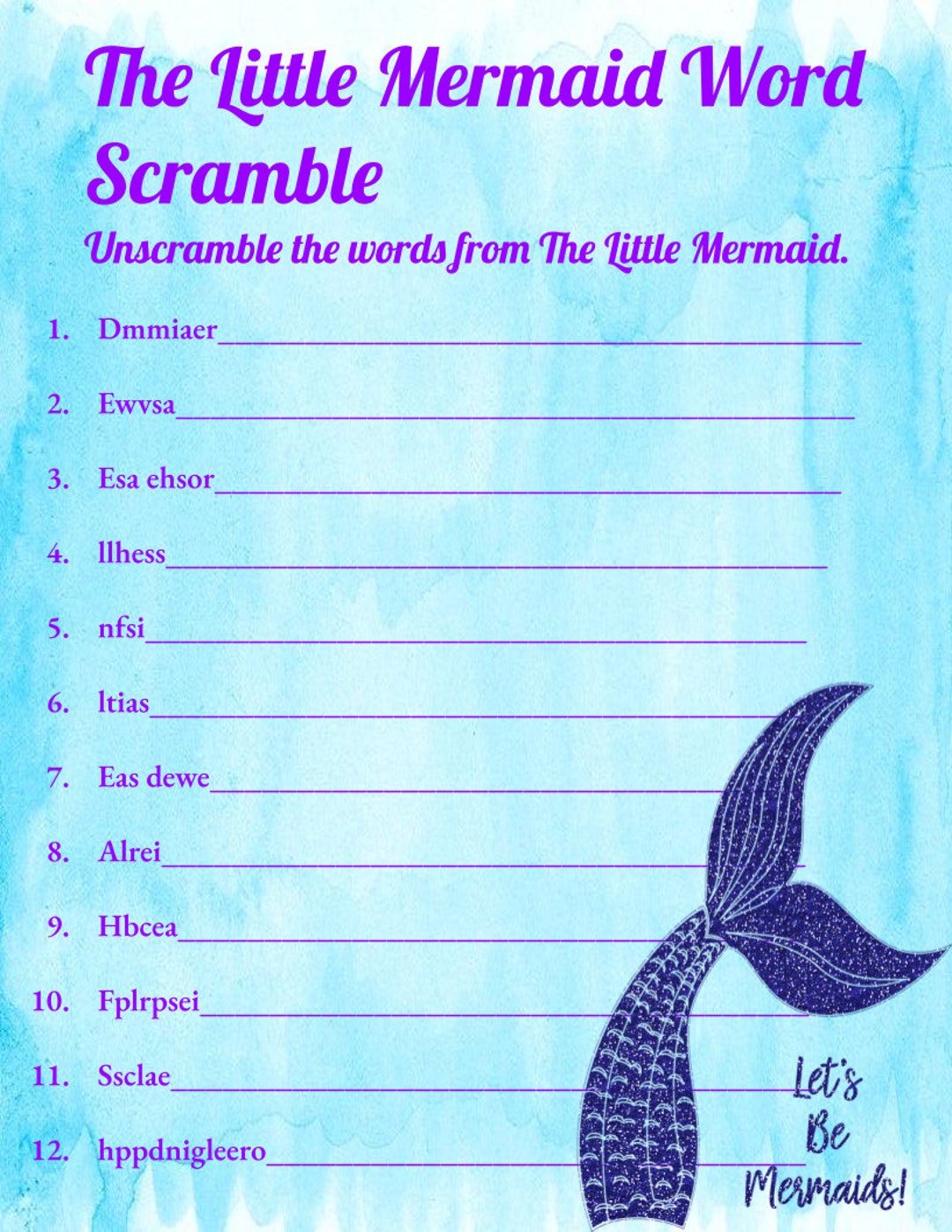 The Little Mermaid Word Scramble / Mermaid Theme Party/ Girls Birthday ...